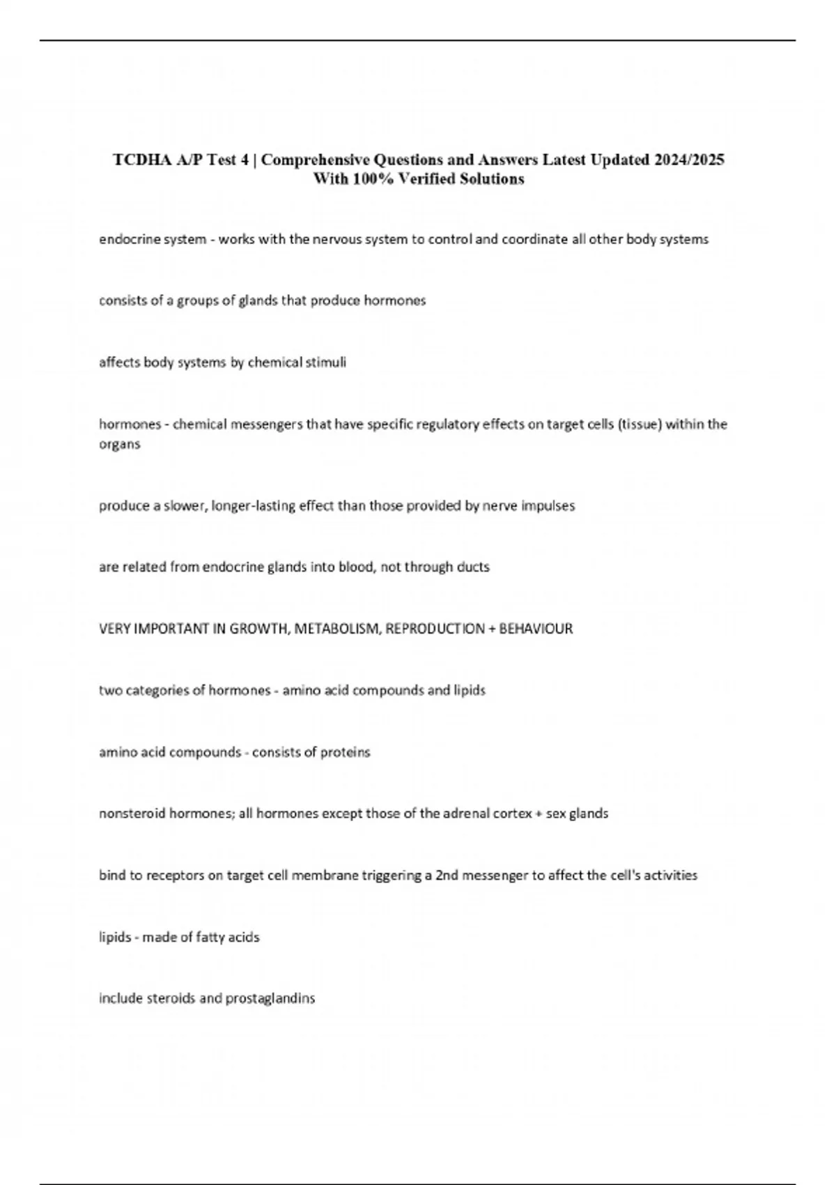 TCDHA A/P Test 4 | Comprehensive Questions and Answers - TCDHA - Stuvia US