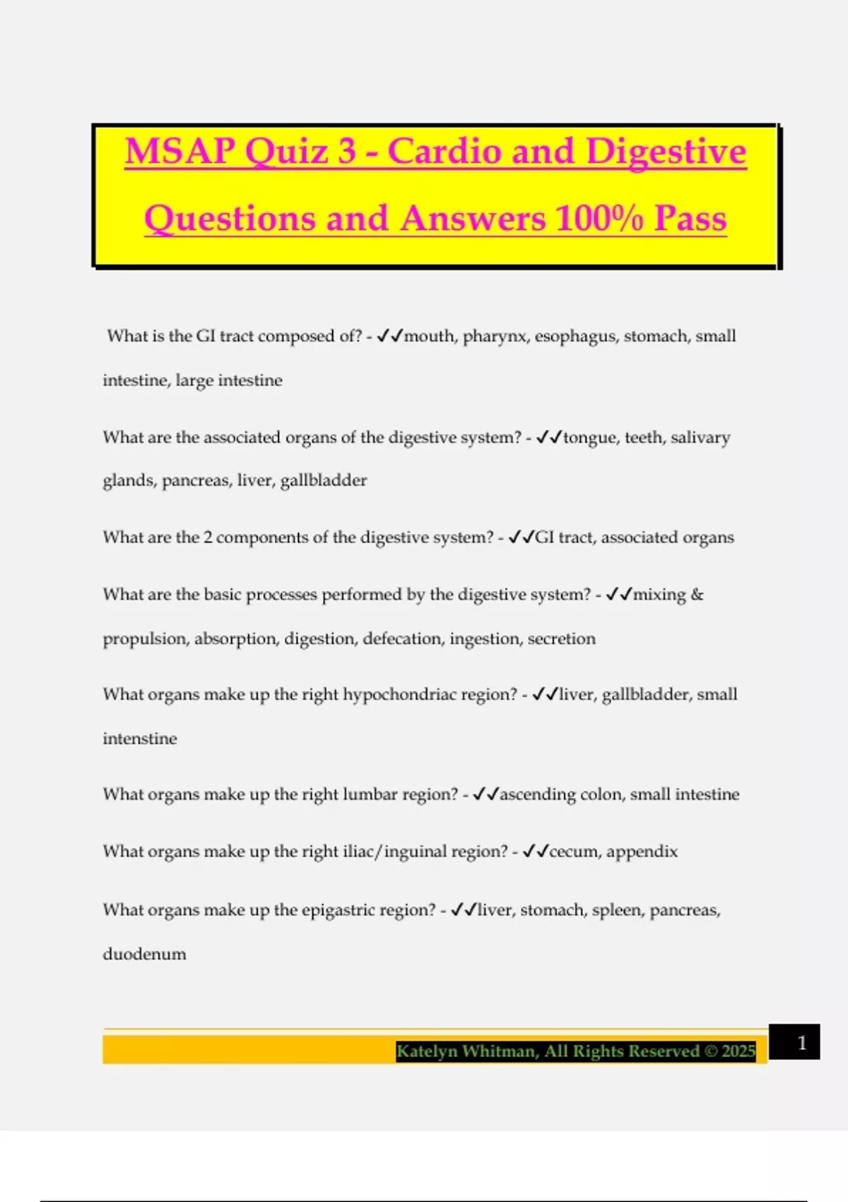 MSAP Quiz 3 - Cardio and Digestive Questions and Answers 100% Pass - MSAP - Stuvia US