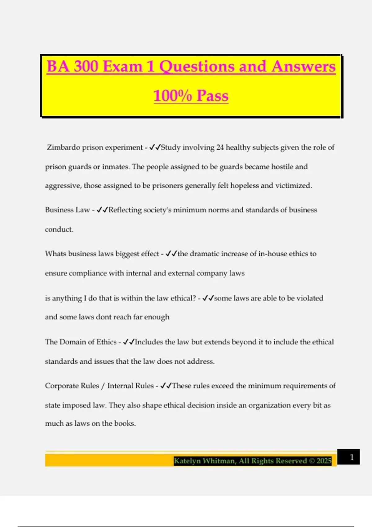 BA 300 Exam 1 Questions and Answers 100% Pass - BA 300 - Stuvia US