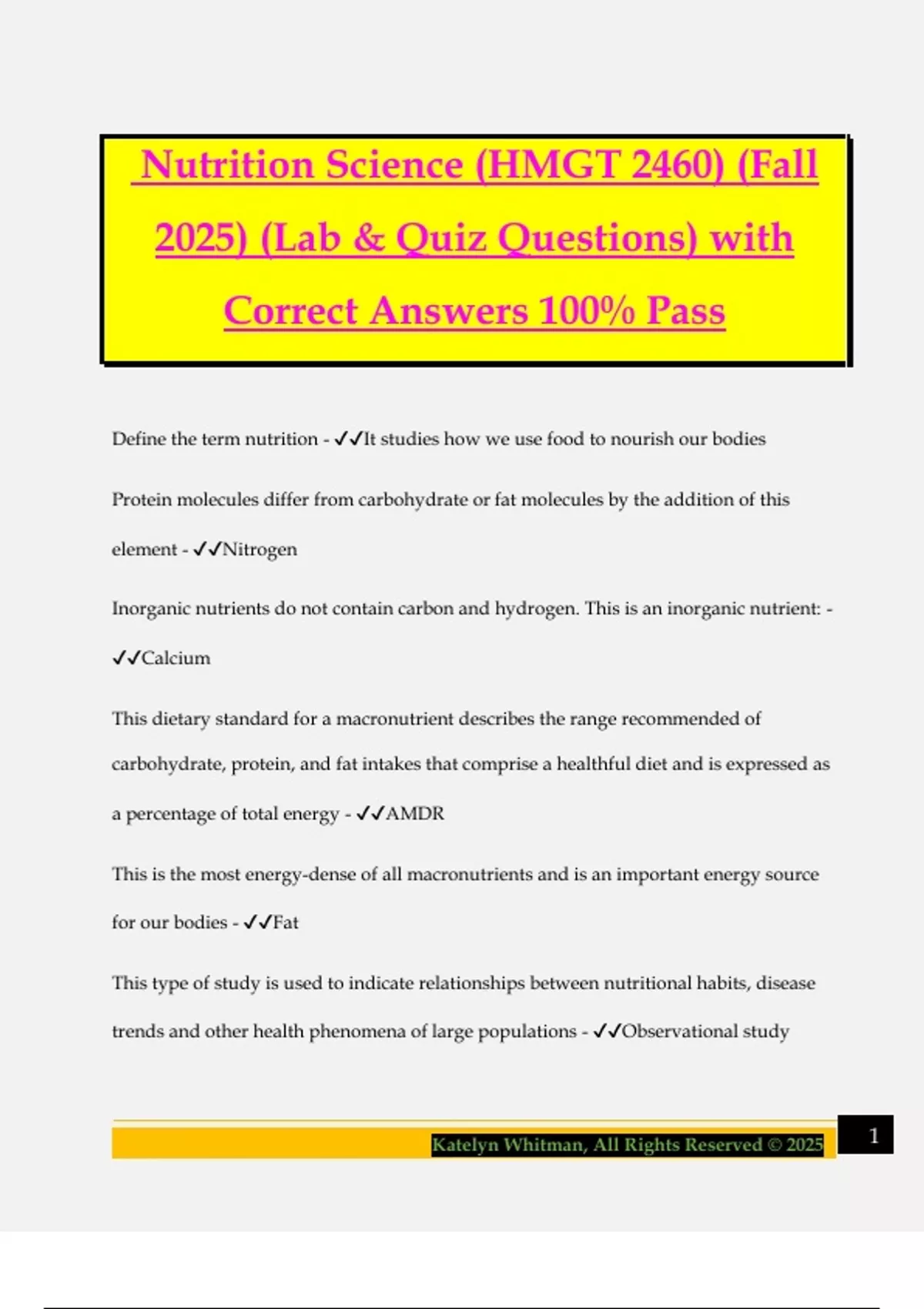 Nutrition Science (HMGT 2460) (Fall 2025) (Lab & Quiz Questions) with ...