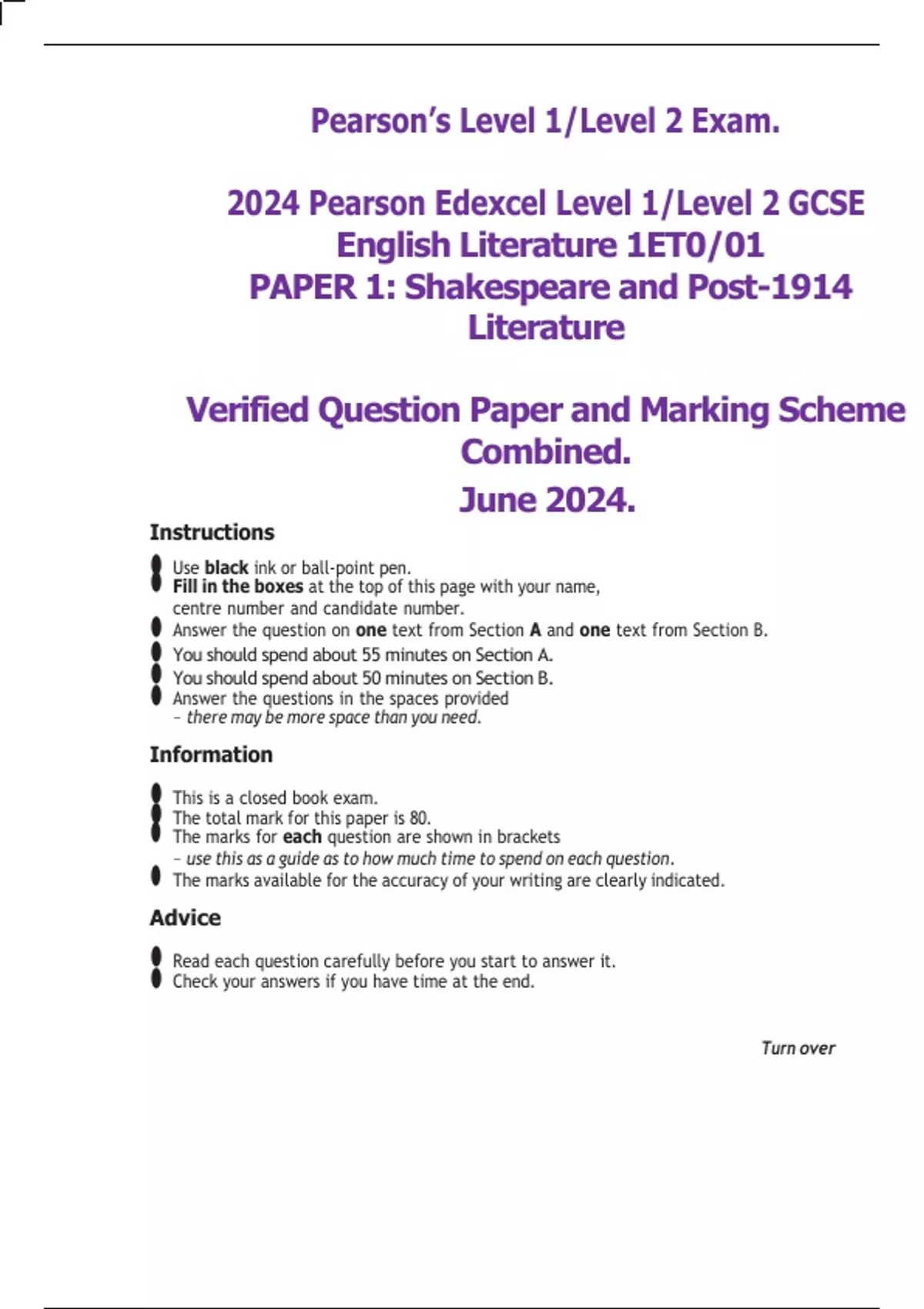 2024 Pearson Edexcel Level 1/Level 2 GCSE English Literature 1ET0/01 ...