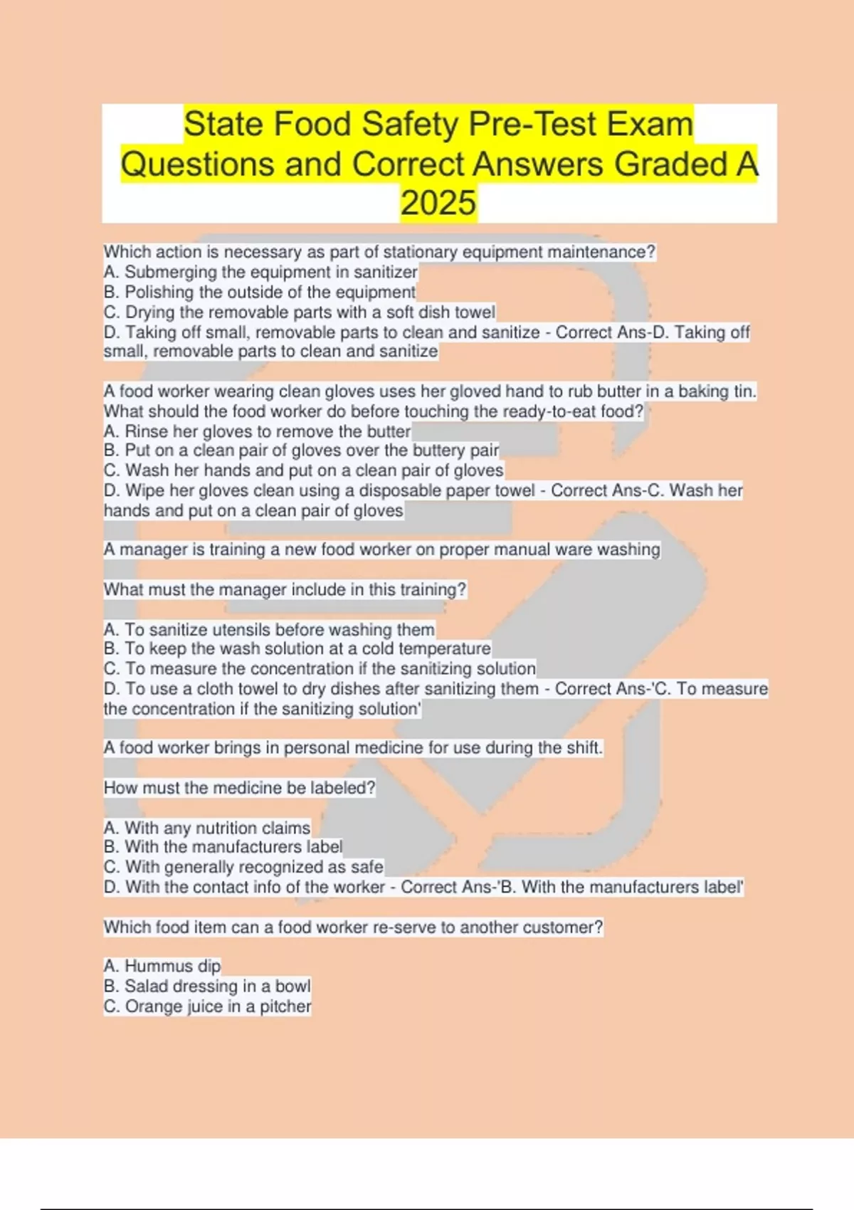 State Food Safety Pre-Test Exam Questions and Correct Answers Graded A ...