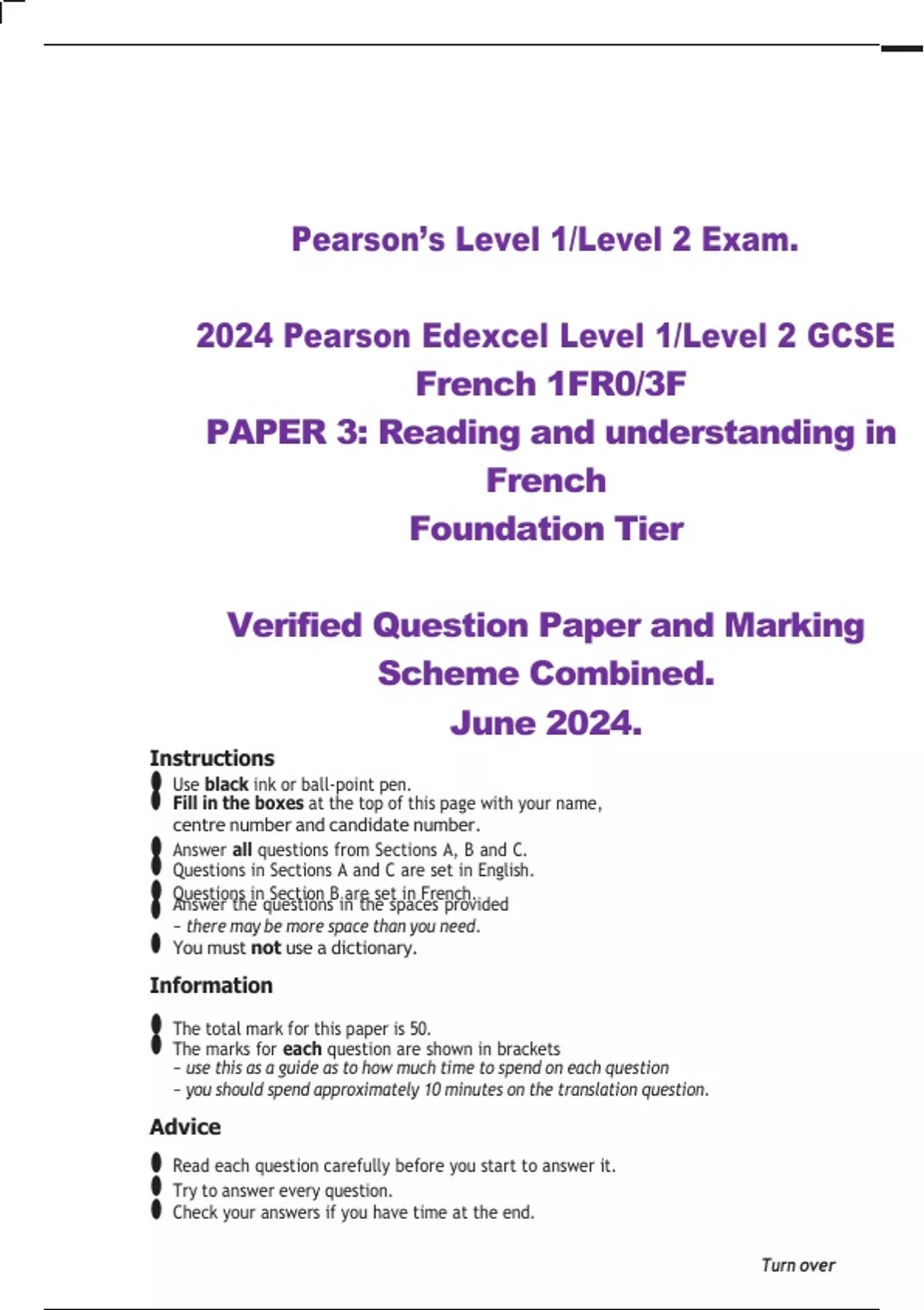 2024 Pearson Edexcel Level 1/Level 2 GCSE French 1FR0/3F PAPER 3 ...