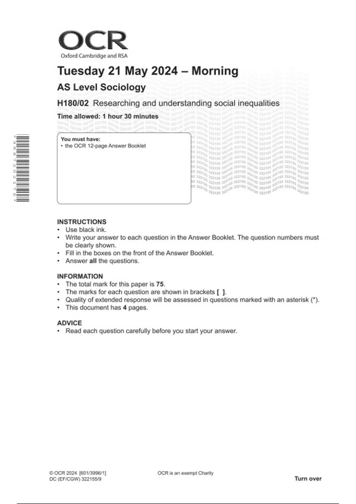 OCR AS Level Sociology H180/02 JUNE 2024 QUESTION PAPER AND MARK SCHEME ...