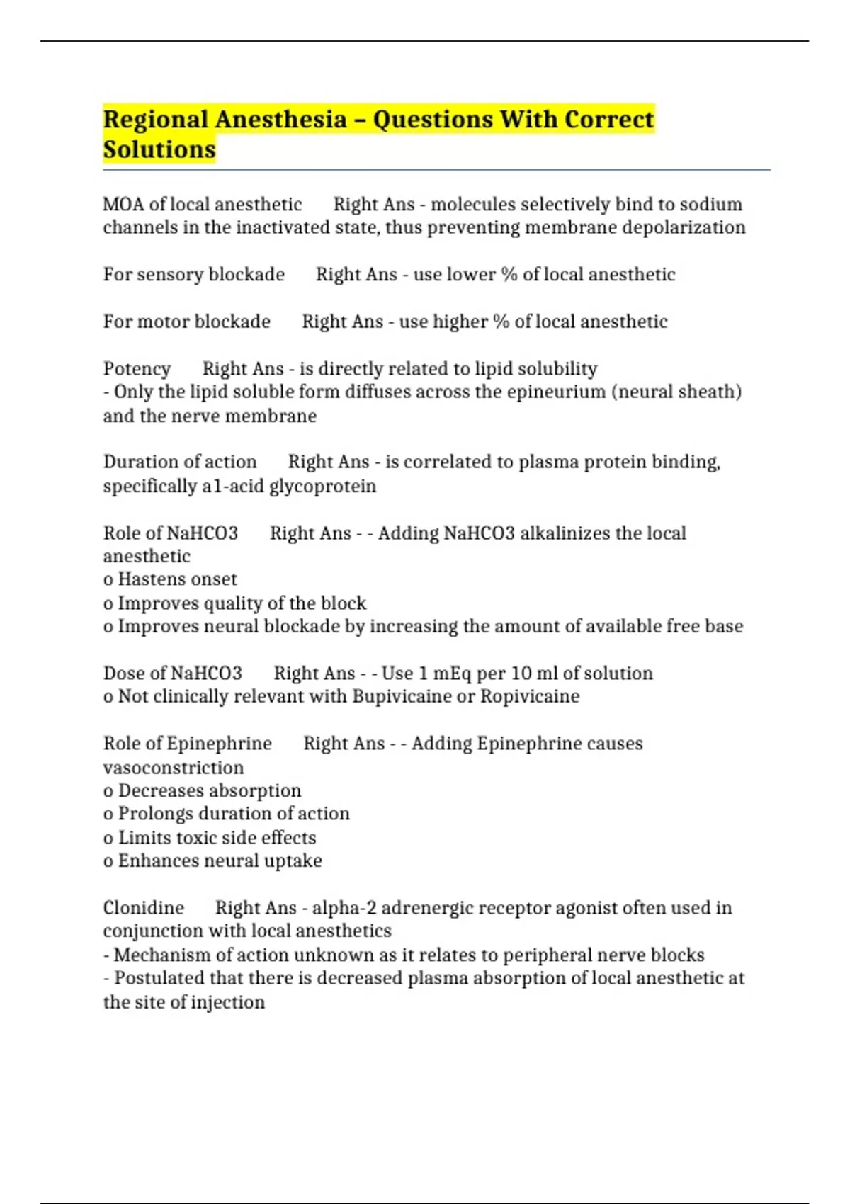 Regional Anesthesia – Questions With Correct Solutions - NBCRNA ...