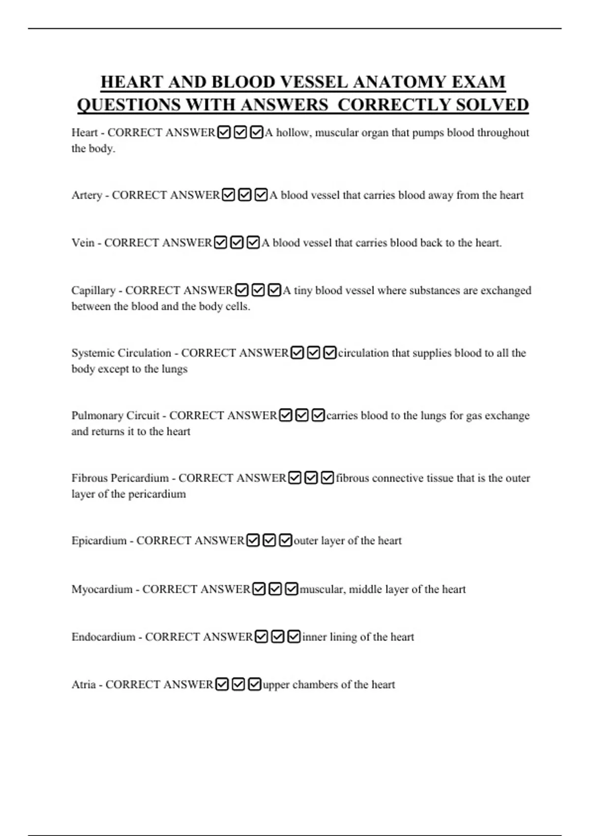 HEART AND BLOOD VESSEL ANATOMY EXAM QUESTIONS WITH ANSWERS CORRECTLY ...