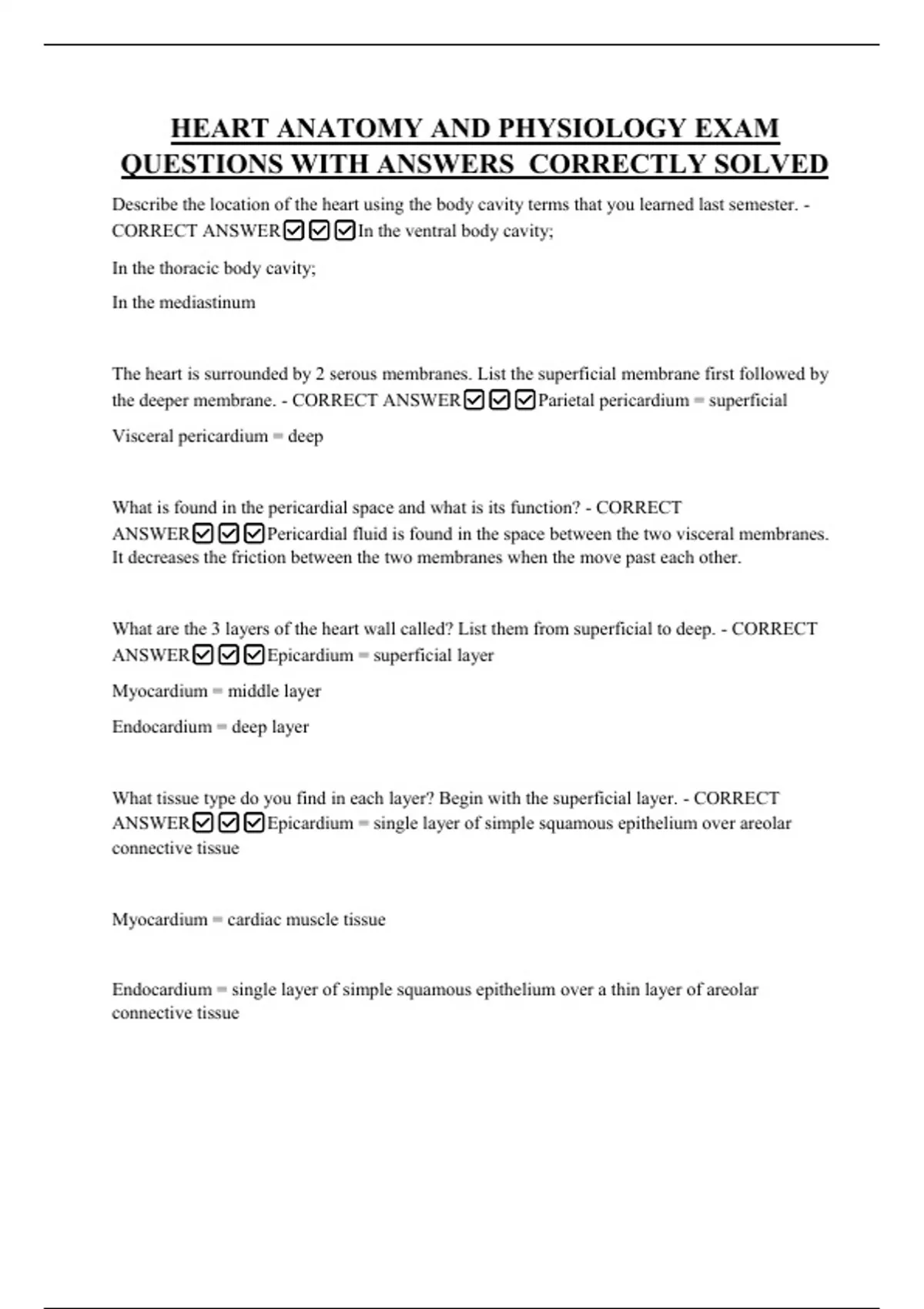 HEART ANATOMY AND PHYSIOLOGY EXAM QUESTIONS WITH ANSWERS CORRECTLY ...