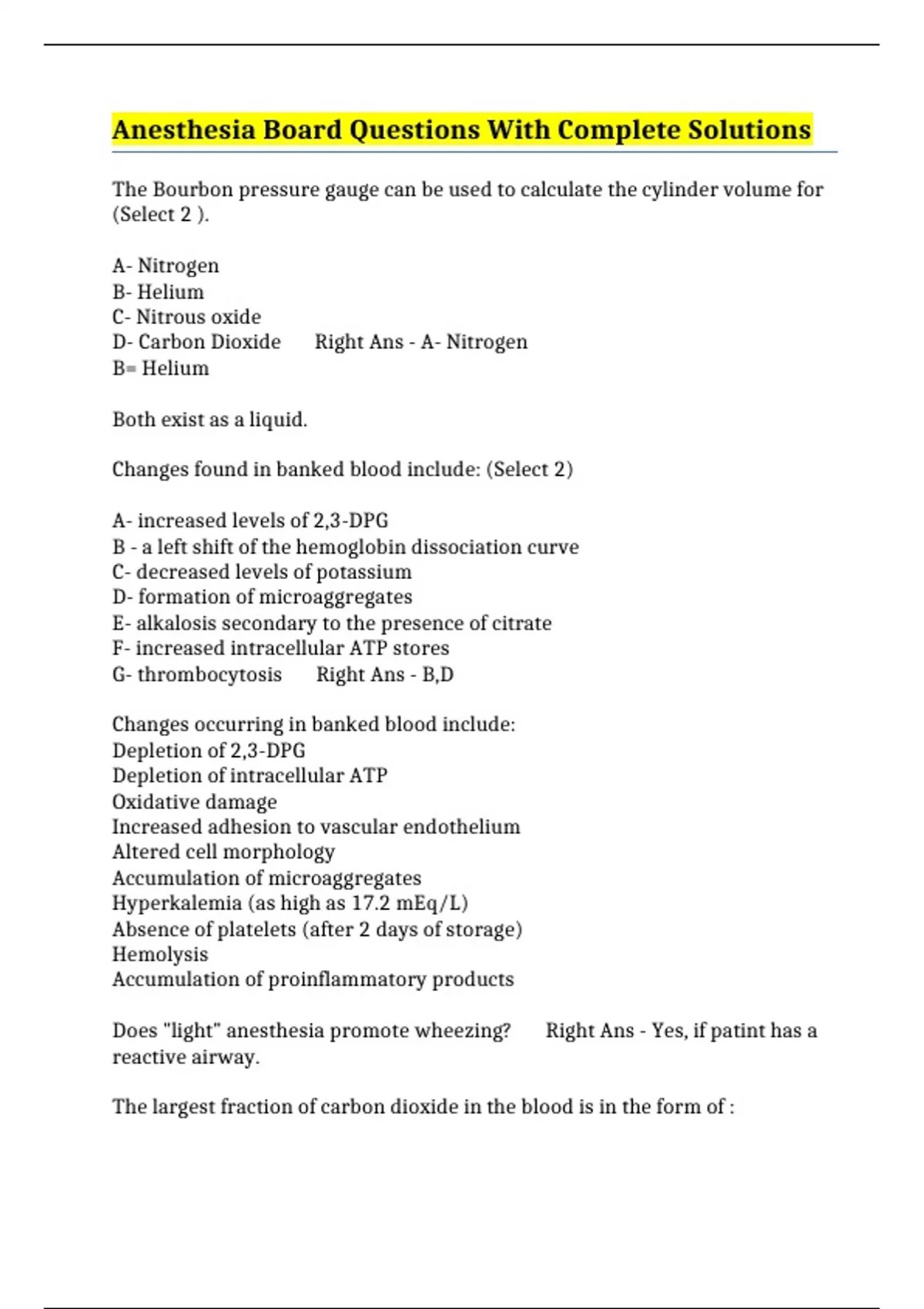 Anesthesia Board Questions With Complete Solutions - NBCRNA ...