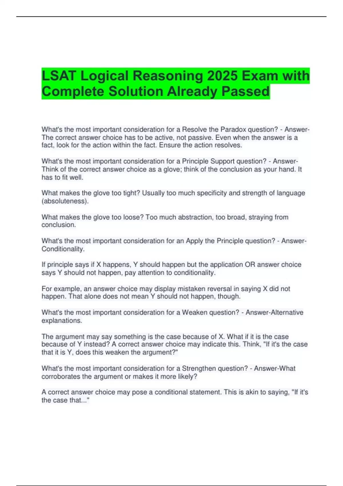 LSAT Logical Reasoning 2025 Exam with Complete Solution Already Passed - LSAT Logical Reasoning ...