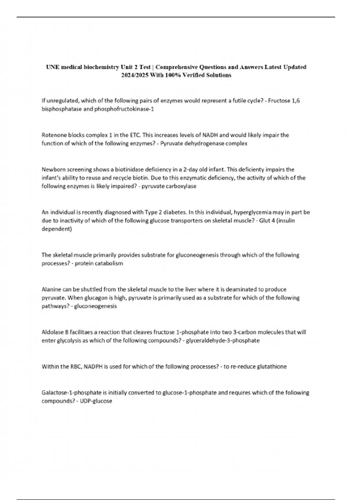 UNE medical biochemistry Unit 2 Test | Comprehensive Questions and ...