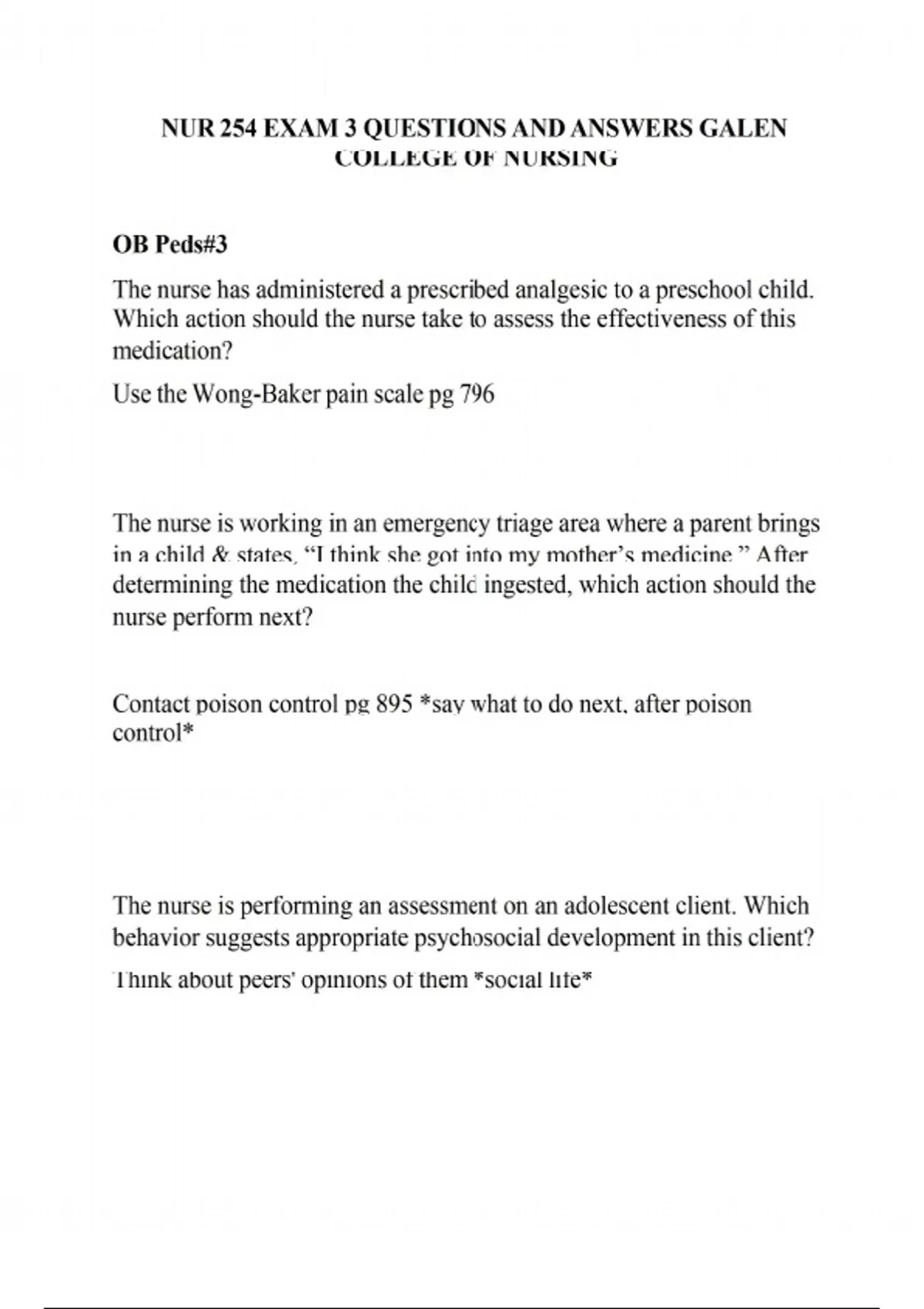 NUR 254 EXAM 3 QUESTIONS AND ANSWERS GALEN COLLEGE OF NURSING - NUR 254 ...