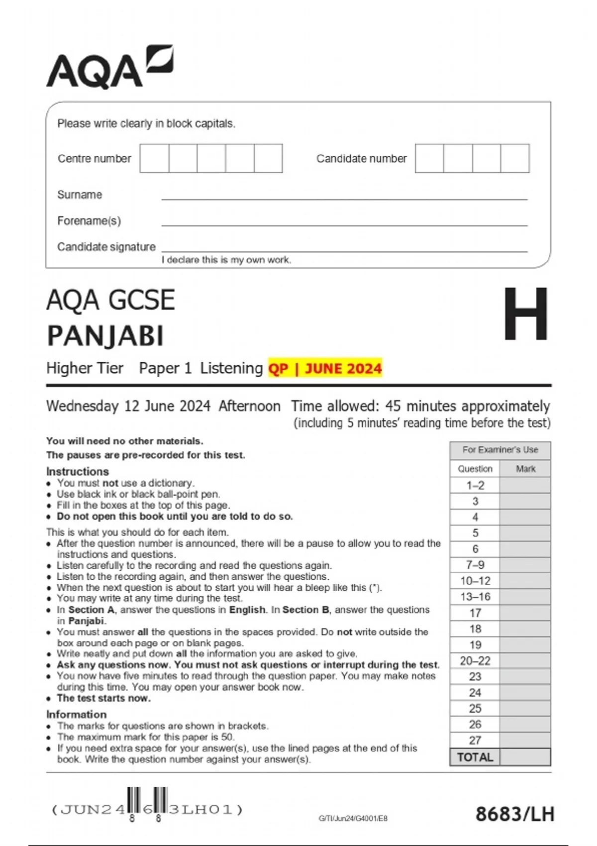 AQA GCSE PANJABI Higher Tier Paper 1 Listening QP | JUNE 2024 - 2024 ...