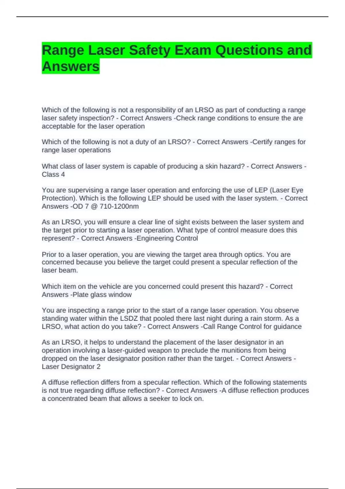 Range Laser Safety Exam Questions and Answers - Range Safety - Stuvia US