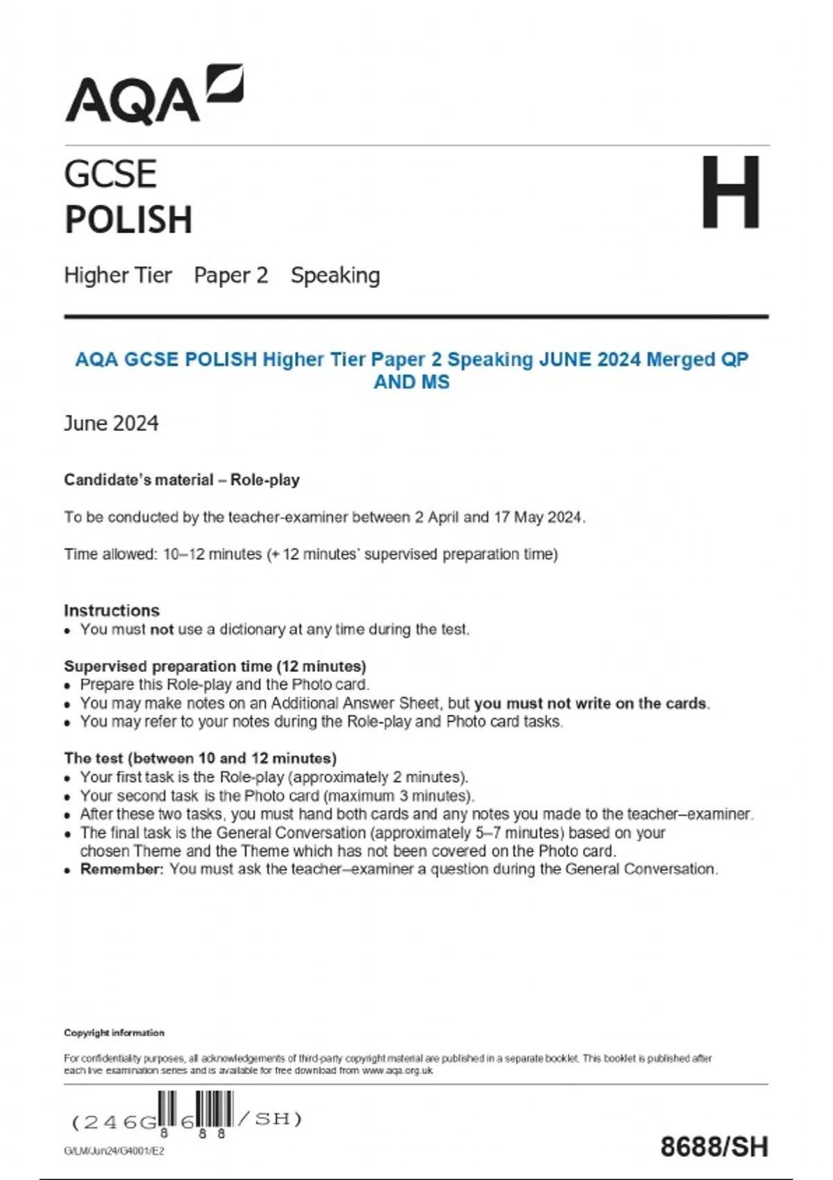 AQA GCSE POLISH Higher Tier Paper 2 Speaking JUNE 2024 Merged QP AND MS ...