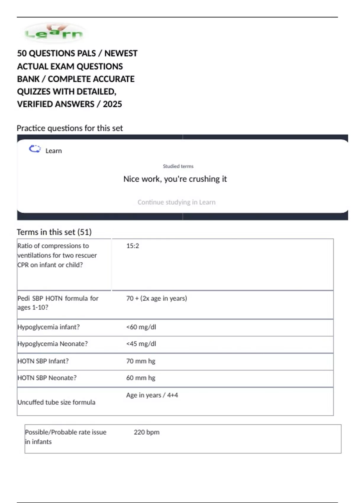 50 QUESTIONS PALS / NEWEST ACTUAL EXAM QUESTIONS BANK / COMPLETE ...