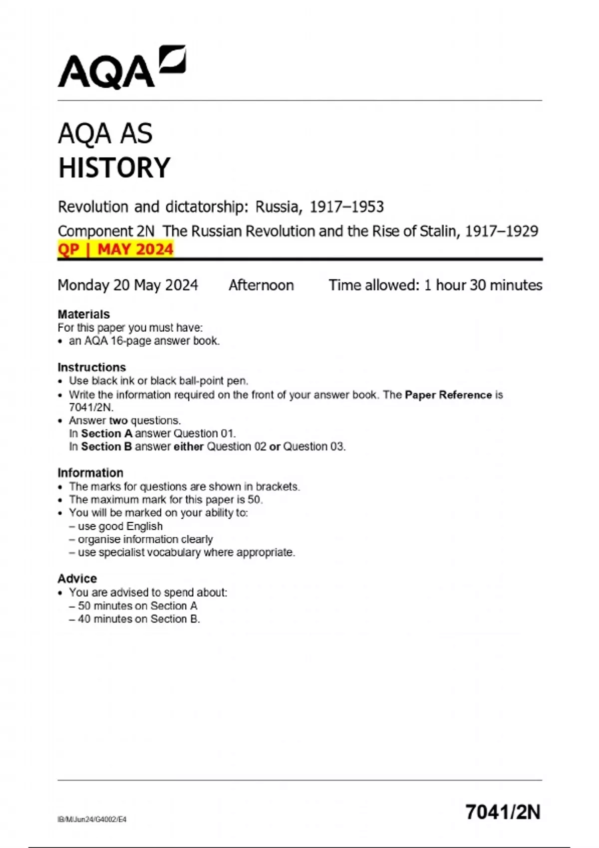 AQA AS HISTORY Revolution and dictatorship: Russia, 1917–1953 Component ...