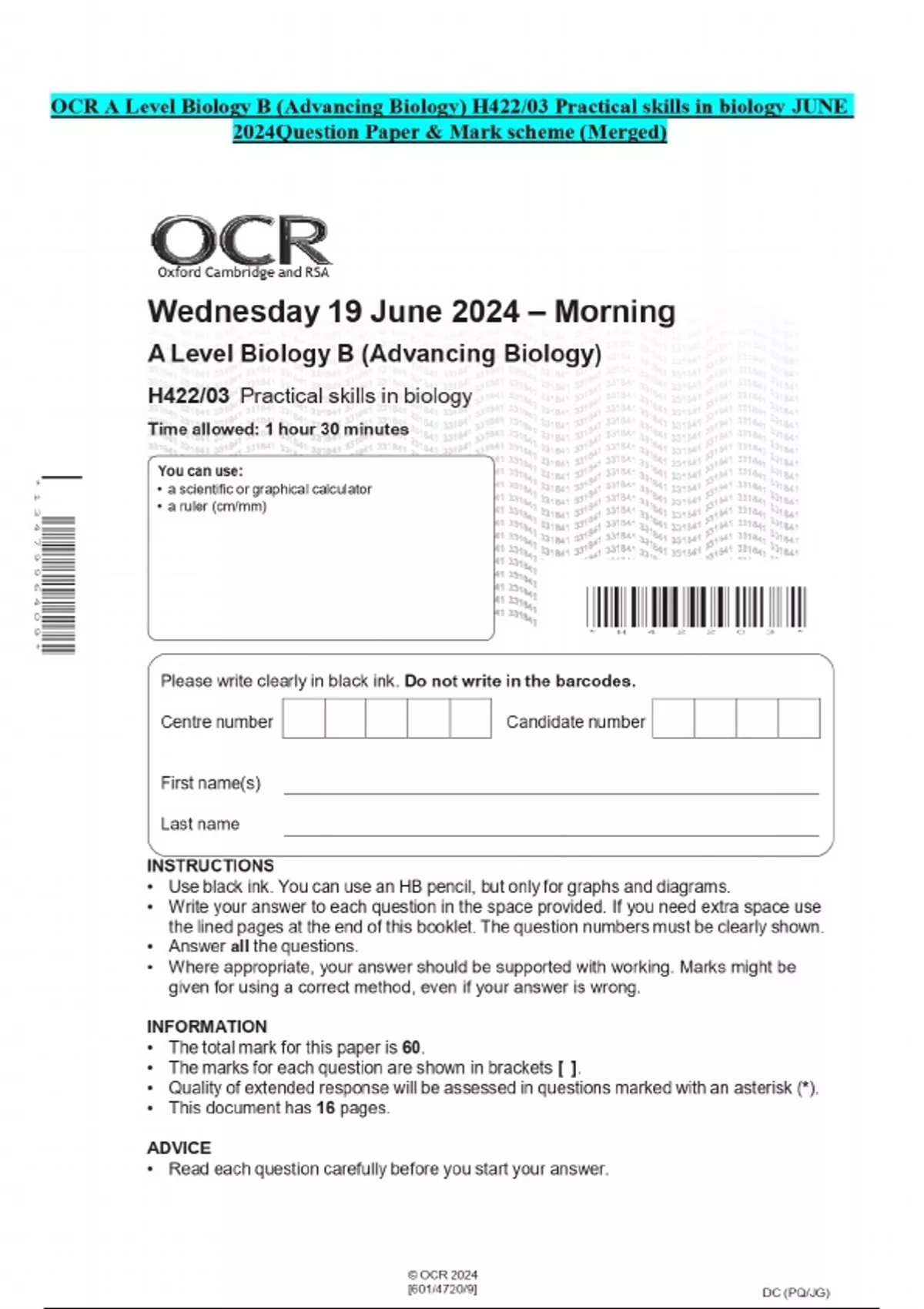 OCR A Level Biology B (Advancing Biology) H422/03 Practical skills in biology JUNE 2024Question ...