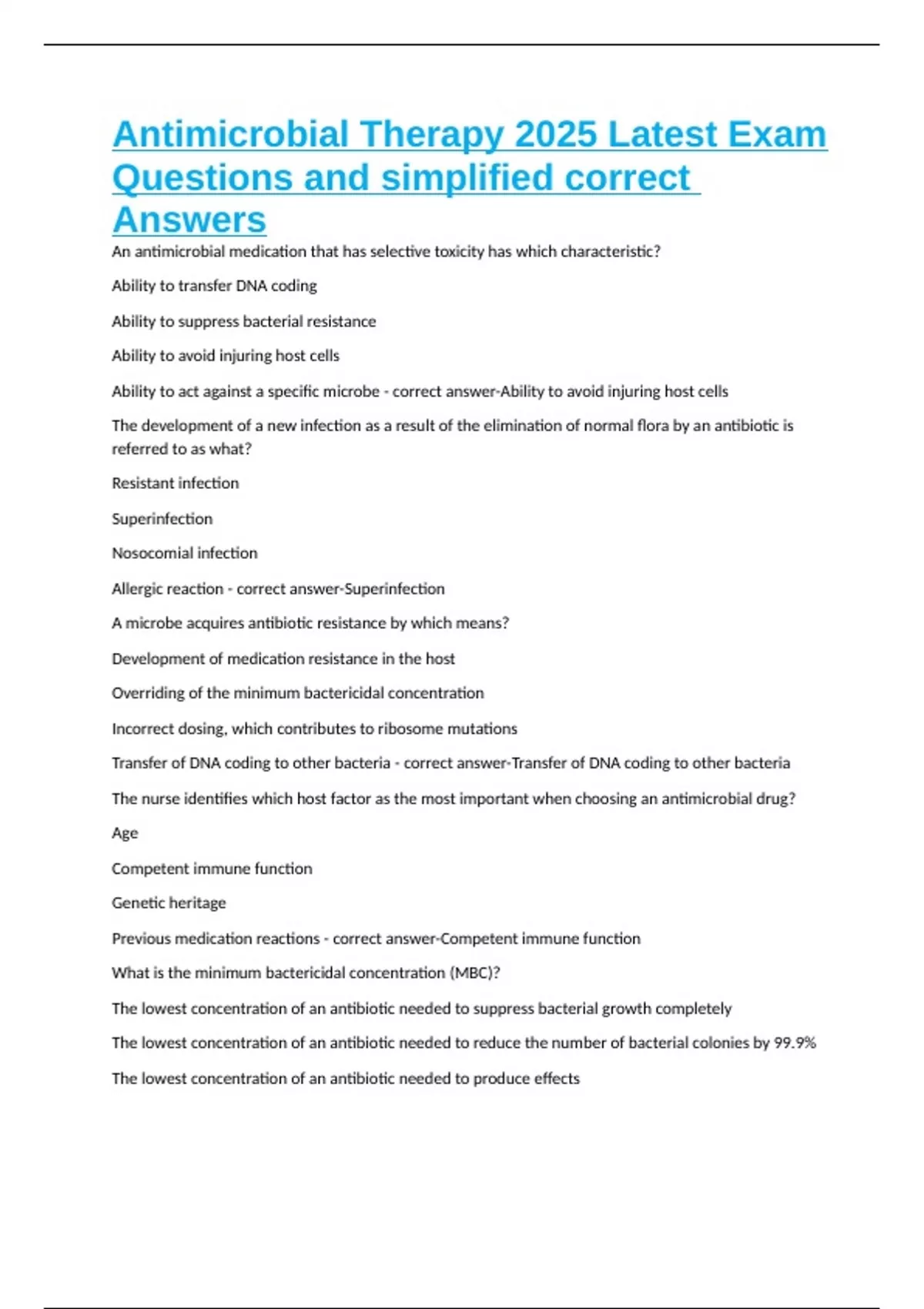 Antimicrobial Therapy 2025 Latest Exam Questions and simplified correct ...