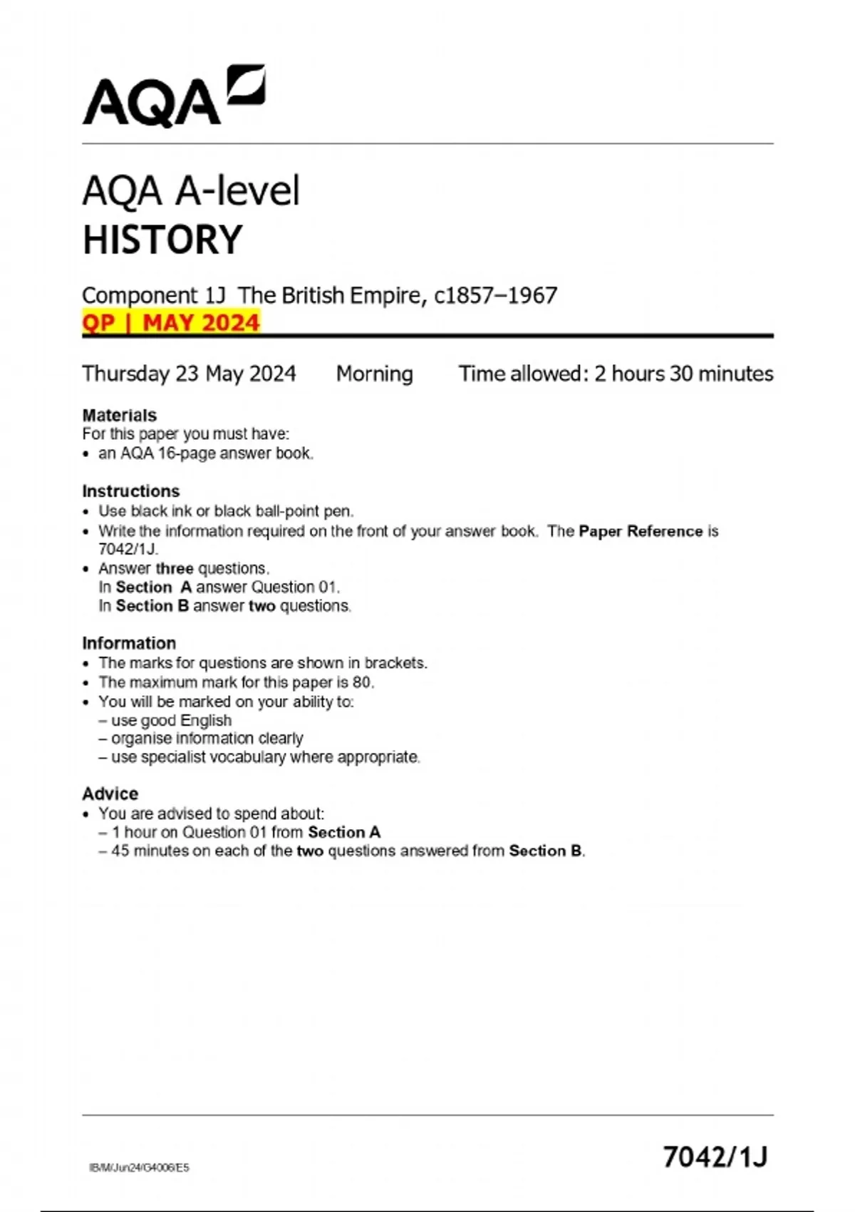 AQA A-level HISTORY Component 1J The British Empire, c1857–1967 QP ...