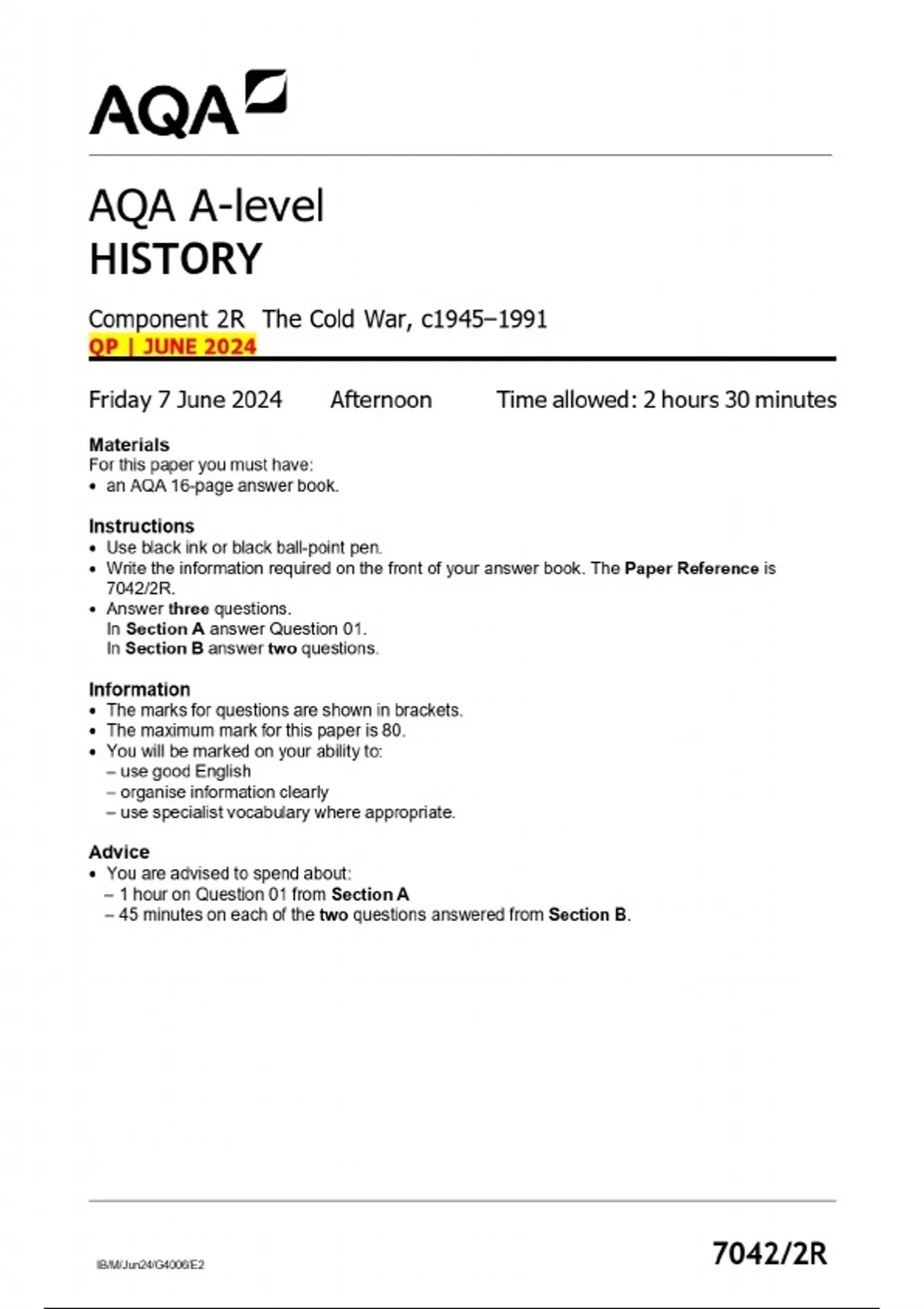 AQA A-level HISTORY Component 2R The Cold War, c1945–1991 QP | JUNE ...