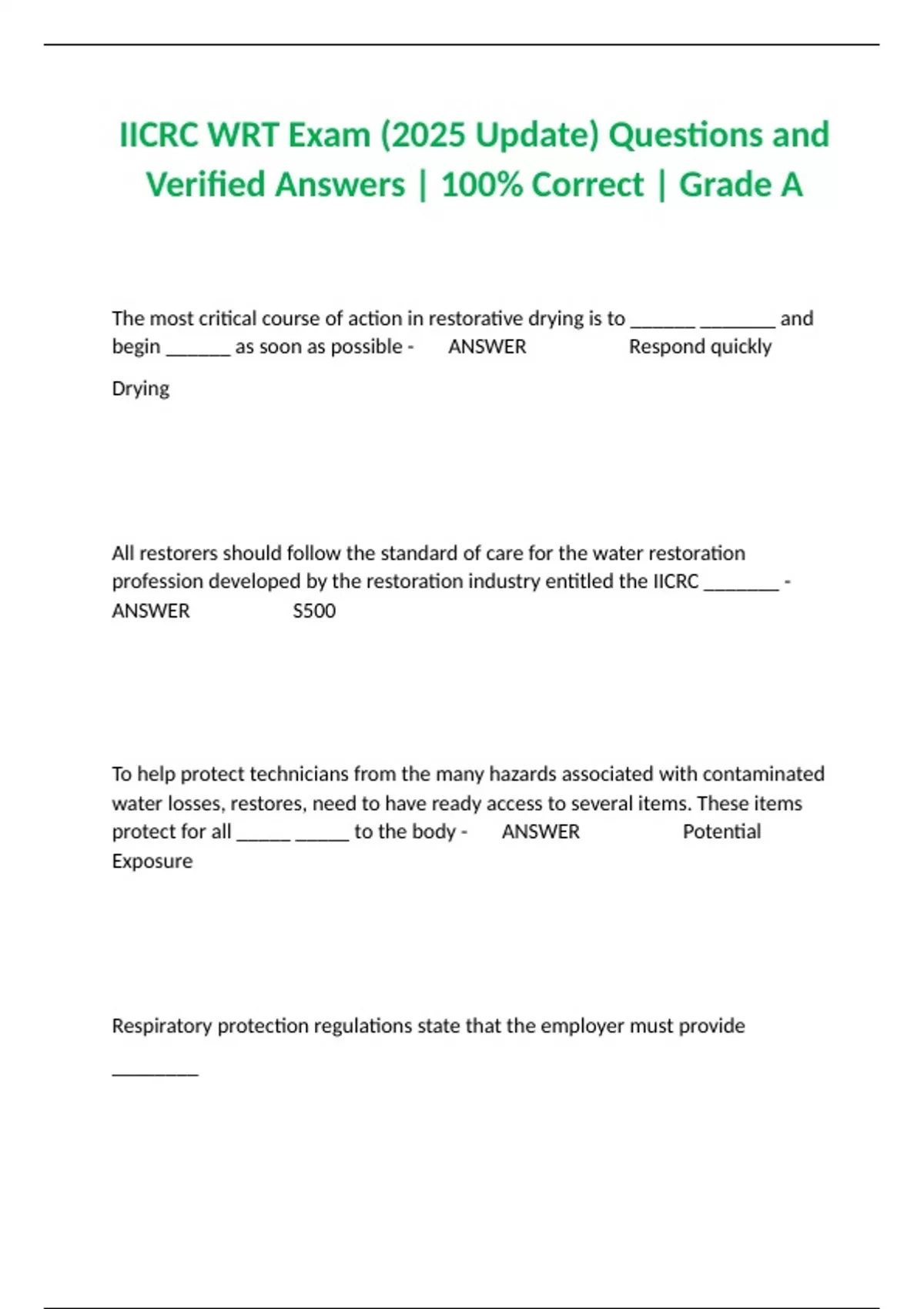 IICRC WRT Exam (2025 Update) Questions and Verified Answers | 100% Correct | Grade A - IICRC WRT ...