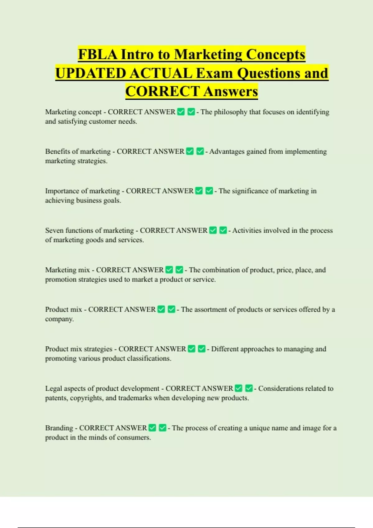 FBLA Intro to Marketing Concepts UPDATED ACTUAL Exam Questions and ...
