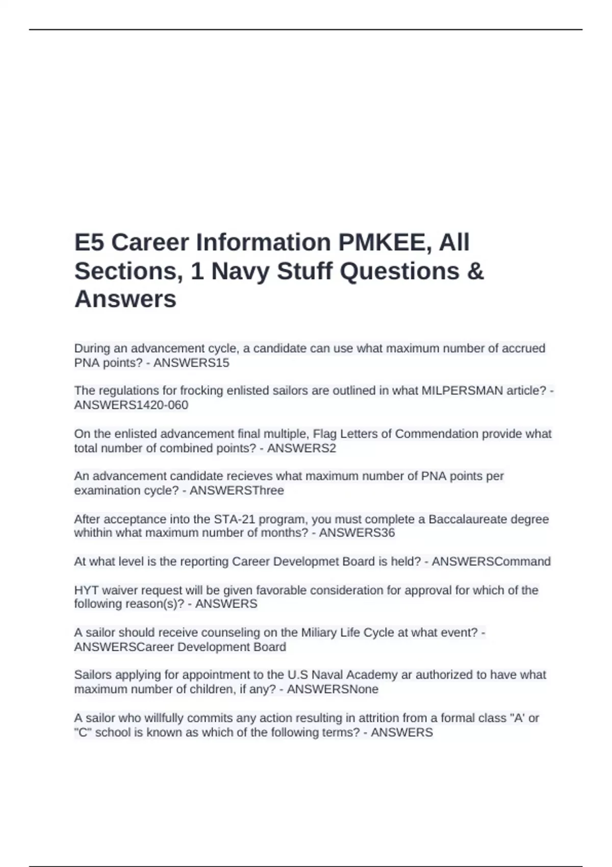 E5 Career Information PMKEE, All Sections, 1 Navy Stuff Questions ...