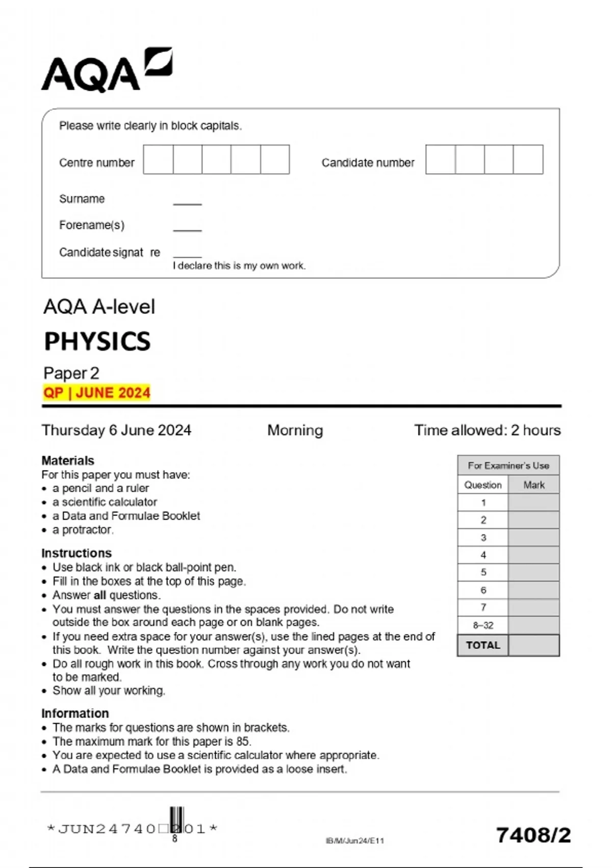AQA A-level PHYSICS Paper 2 QP | JUNE 2024 - AQA A-level & AS LEVEL ...