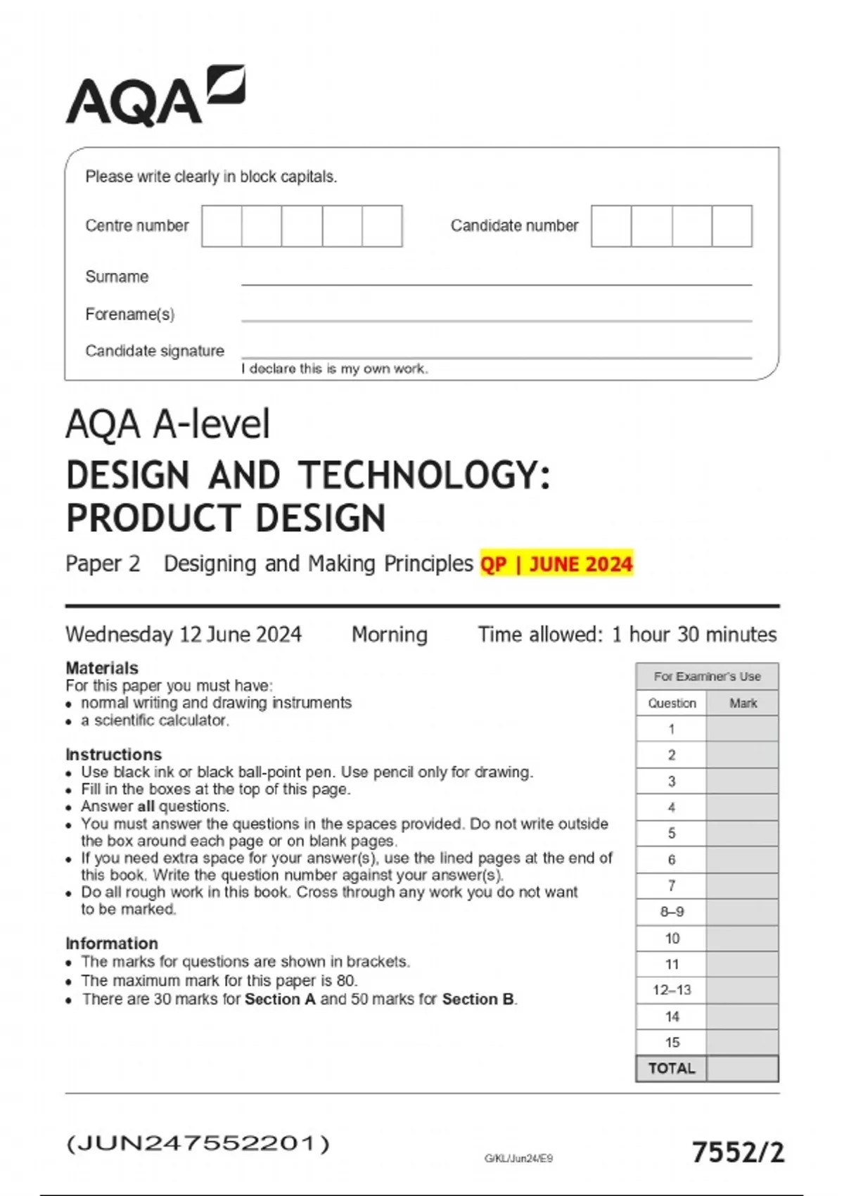 AQA A-level DESIGN AND TECHNOLOGY: PRODUCT DESIGN Paper 2 Designing and ...