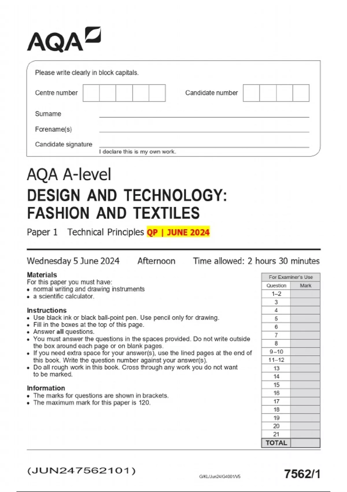 AQA A-level DESIGN AND TECHNOLOGY: FASHION AND TEXTILES Paper 1 ...