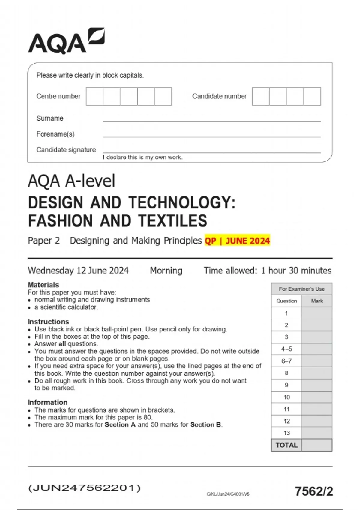 AQA A-level DESIGN AND TECHNOLOGY: FASHION AND TEXTILES Paper 2 ...