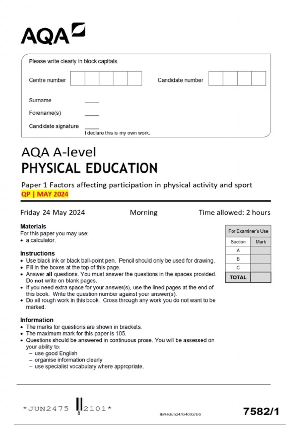 AQA A-level PHYSICAL EDUCATION Paper 1 Factors affecting participation ...