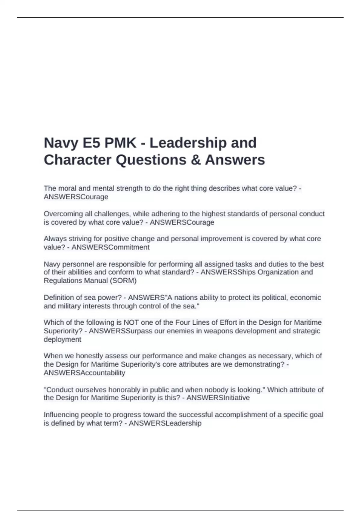 Navy E5 PMK - Leadership and Character Questions & Answers - Navy E5 ...