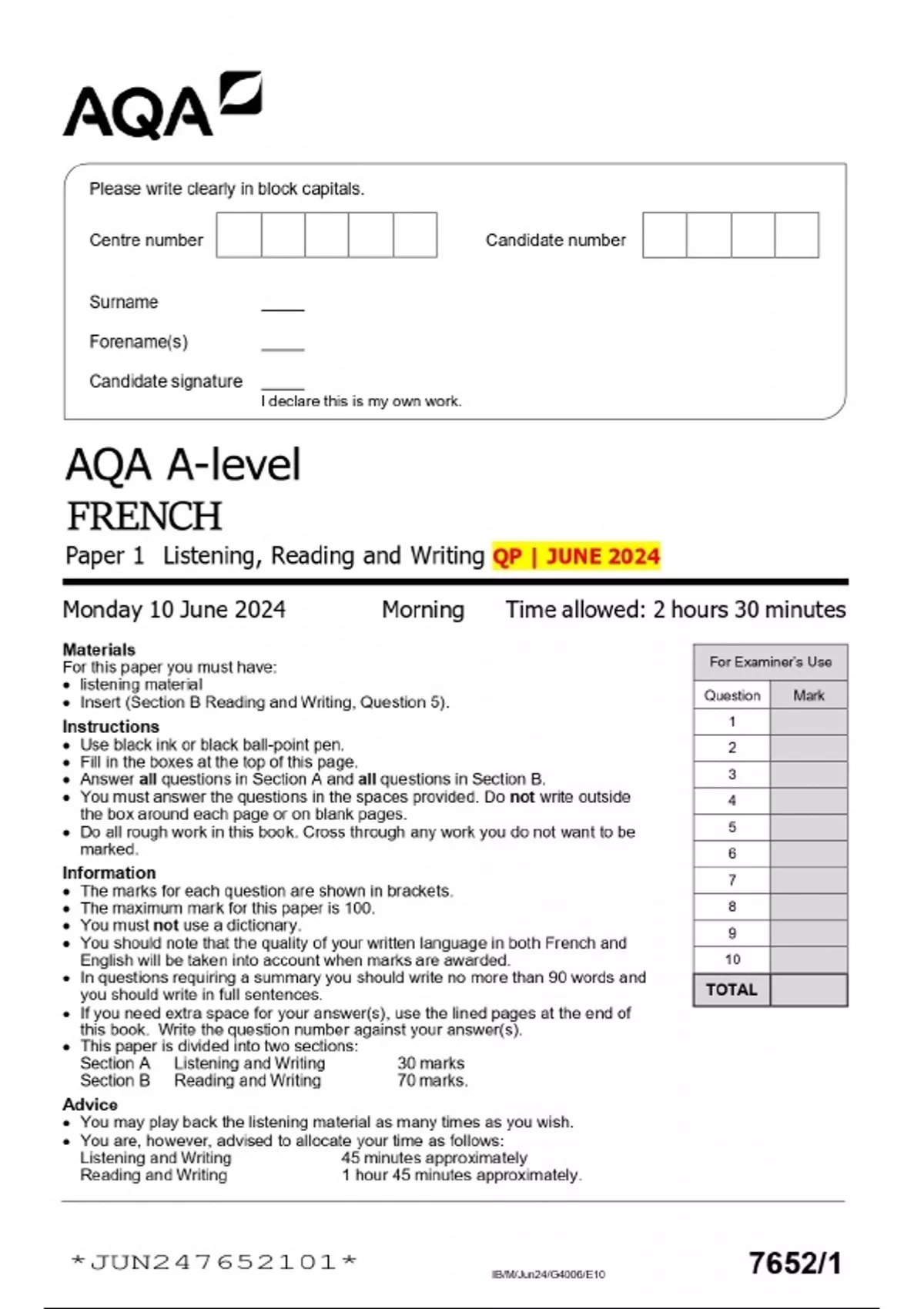AQA A-level FRENCH Paper 1 Listening, Reading and Writing QP | JUNE 2024 - AQA A-level & AS ...