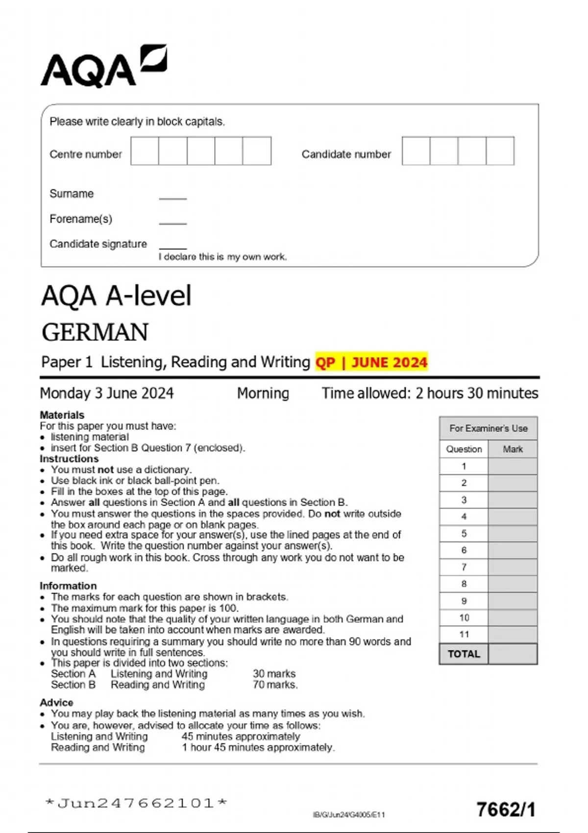 AQA A-level GERMAN Paper 1 Listening, Reading and Writing QP | JUNE ...