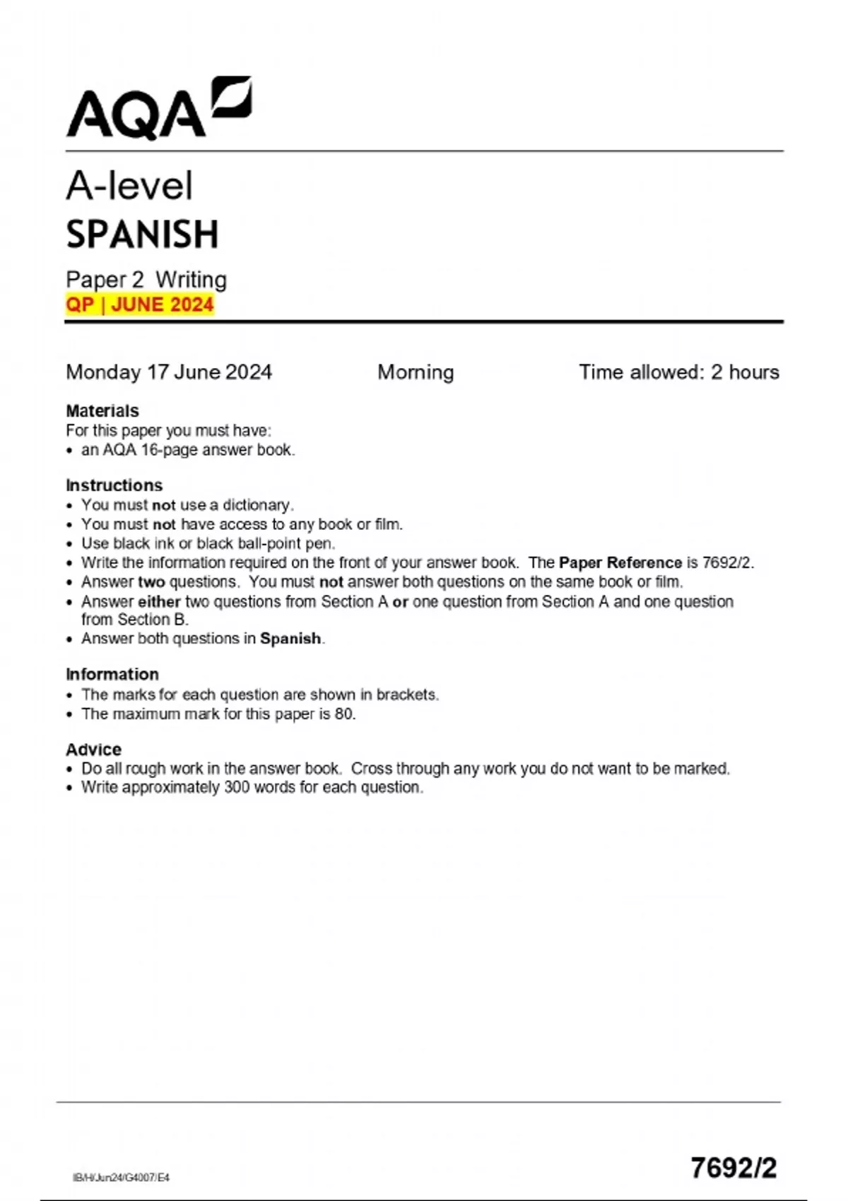 AQA A-level SPANISH Paper 2 Writing QP | JUNE 2024 - AQA A-level & AS ...