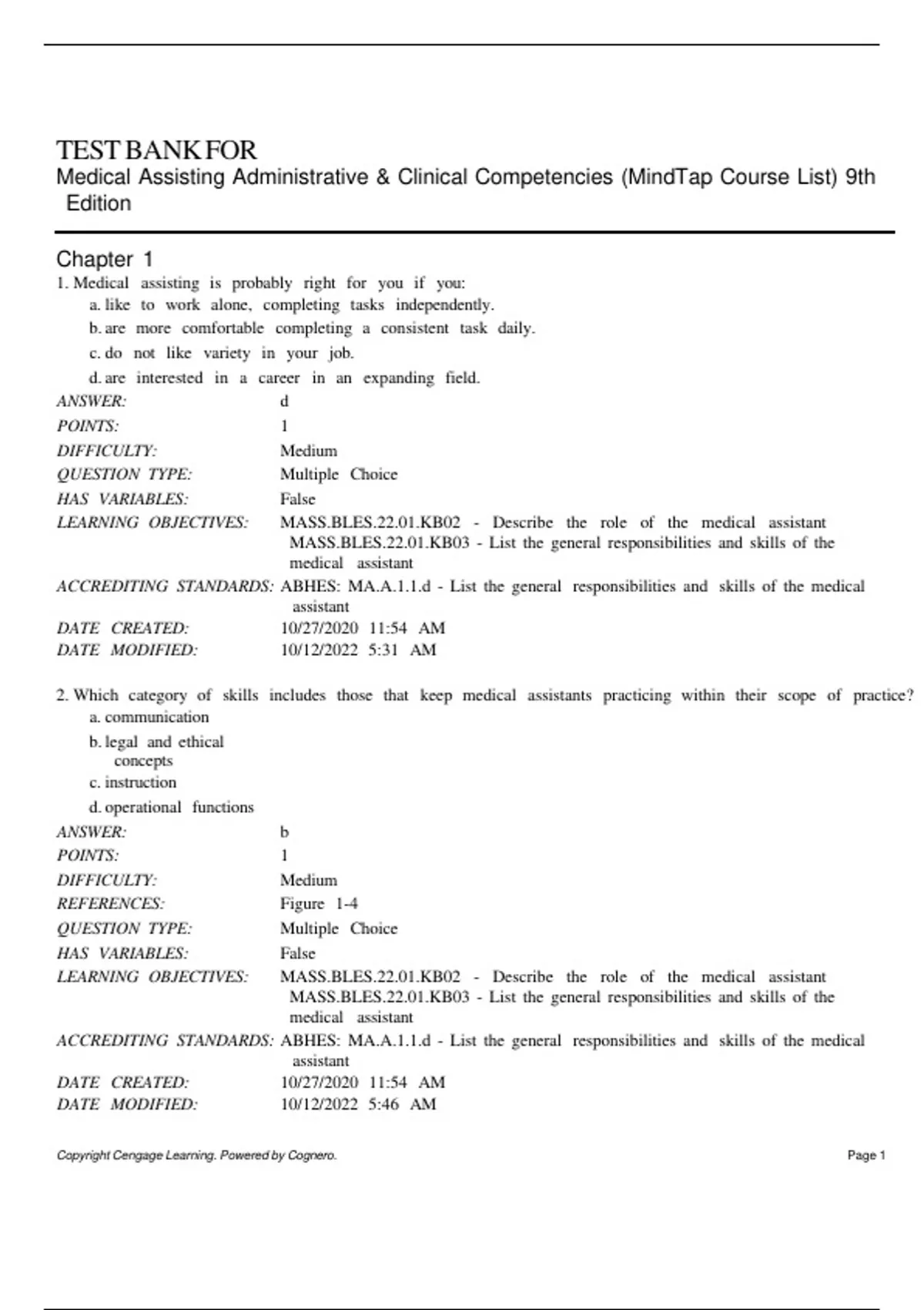 TEST BANK For Medical Assisting Administrative & Clinical Competencies ...