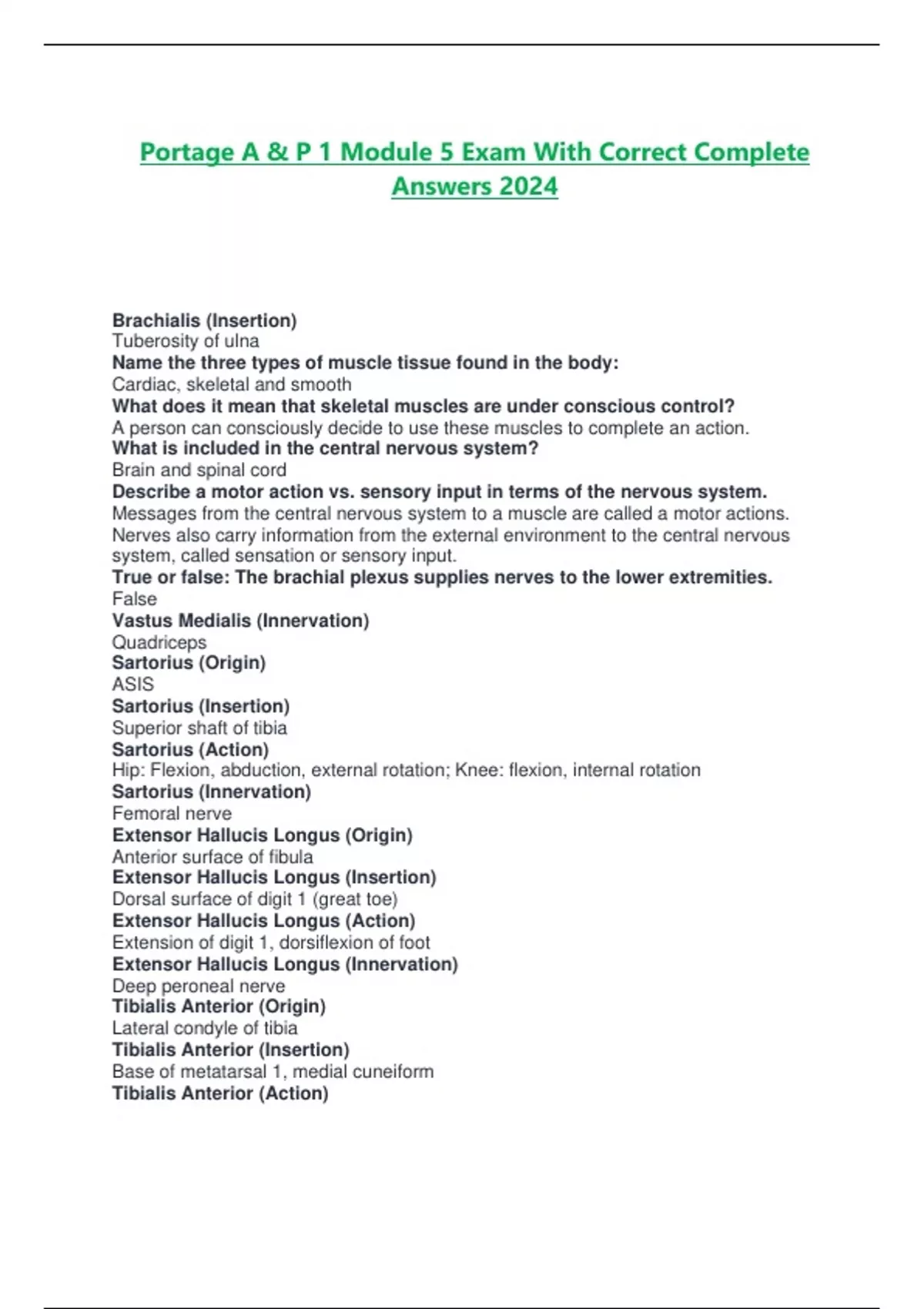 Portage A & P 1 Module 5 Exam With Correct Complete Answers 2024 Brachialis (Insertion ...
