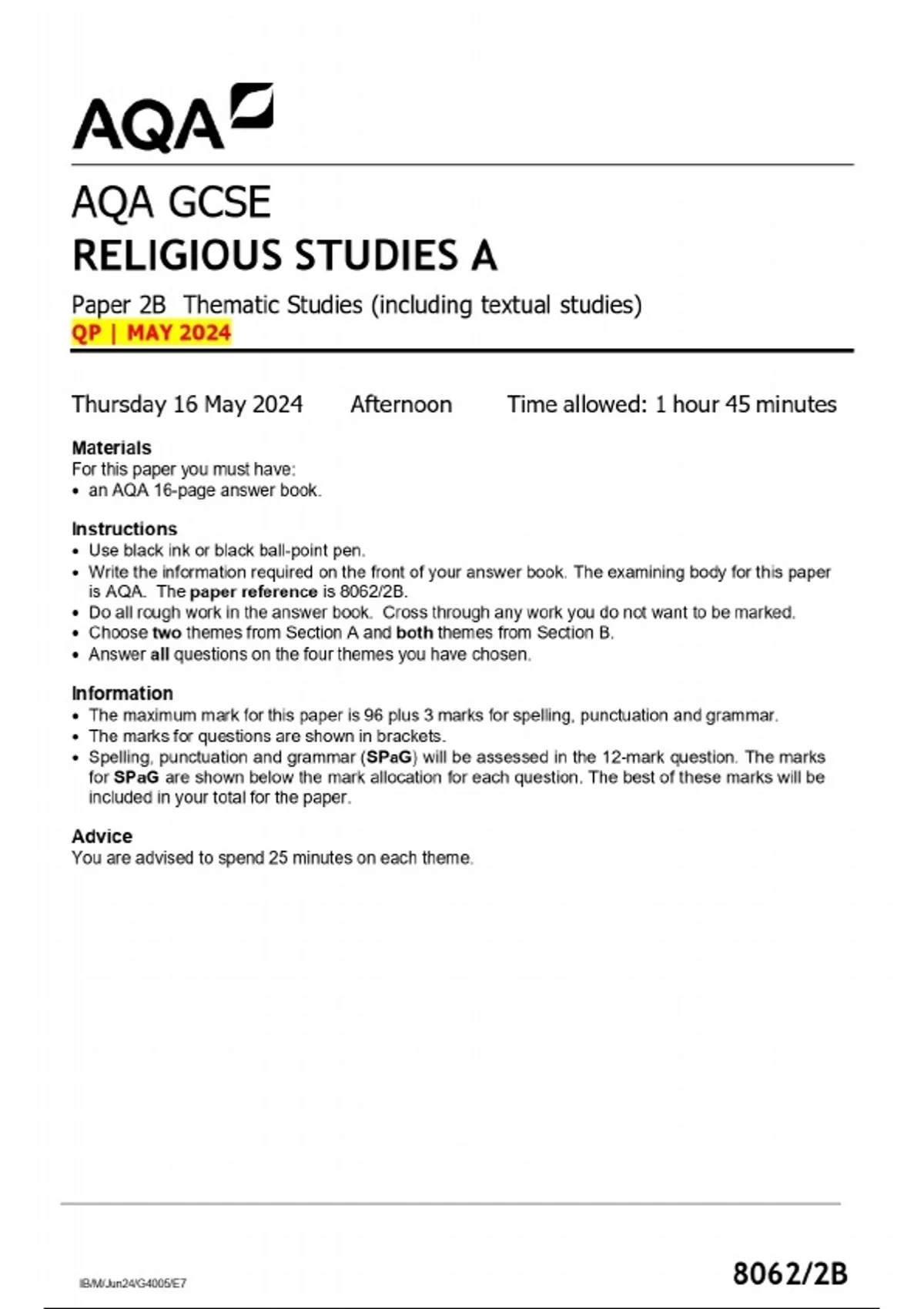 AQA GCSE RELIGIOUS STUDIES A Paper 2B Thematic Studies (including ...