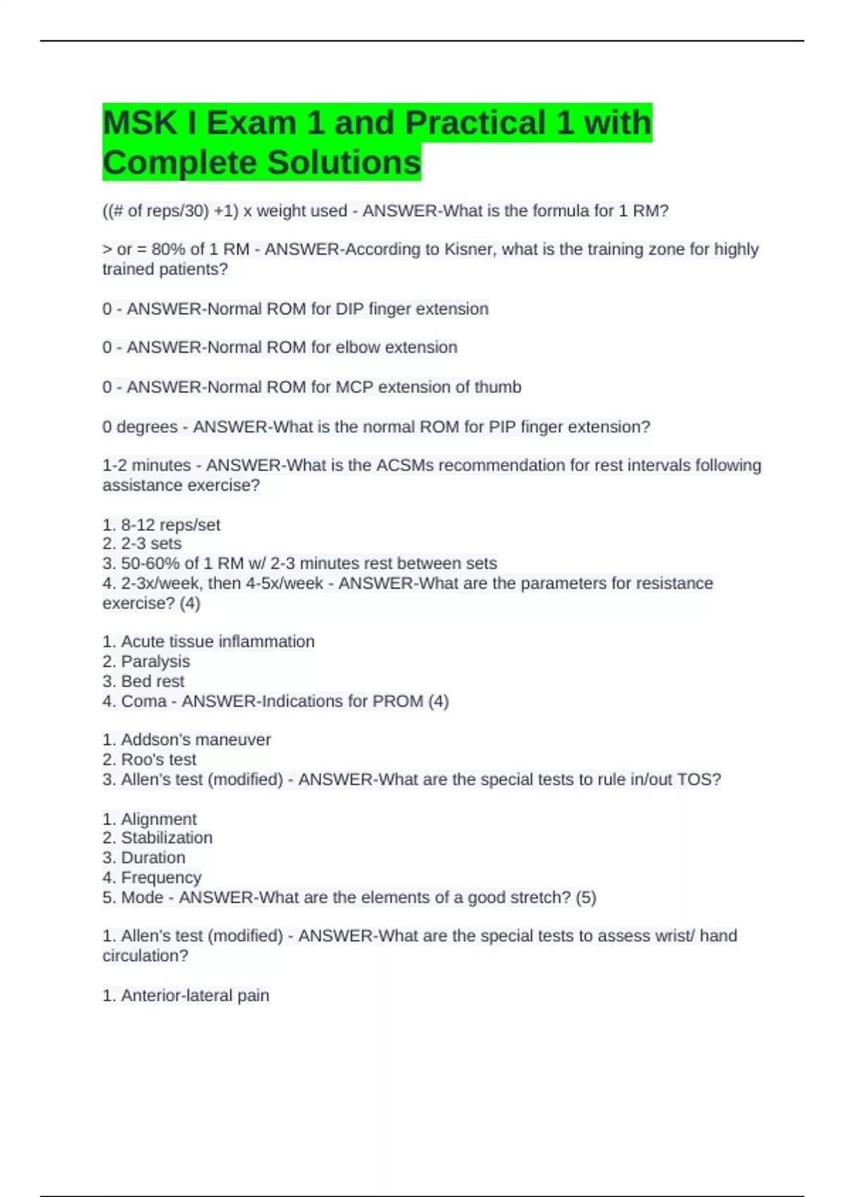 MSK I Exam 1 and Practical 1 with Complete Solutions - MSK I - Stuvia US