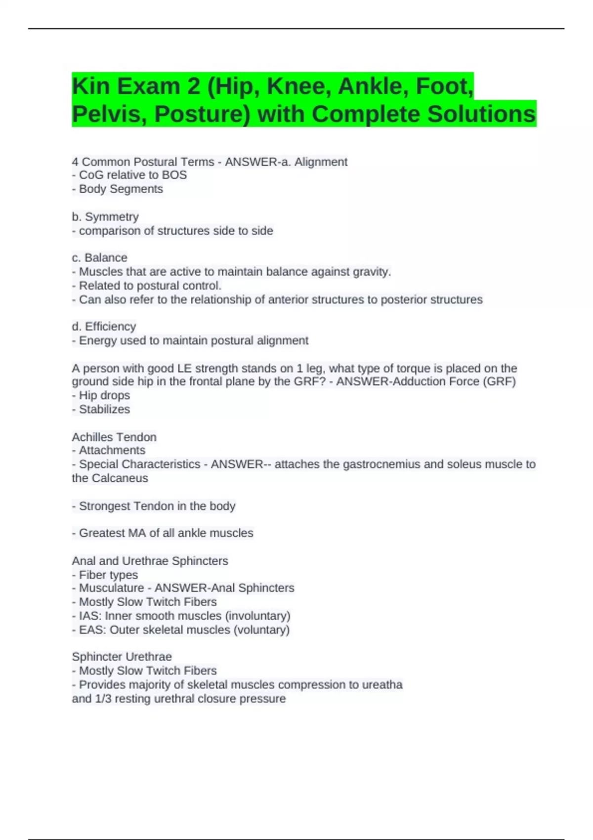 Kin Exam 2 (Hip, Knee, Ankle, Foot, Pelvis, Posture) with Complete ...