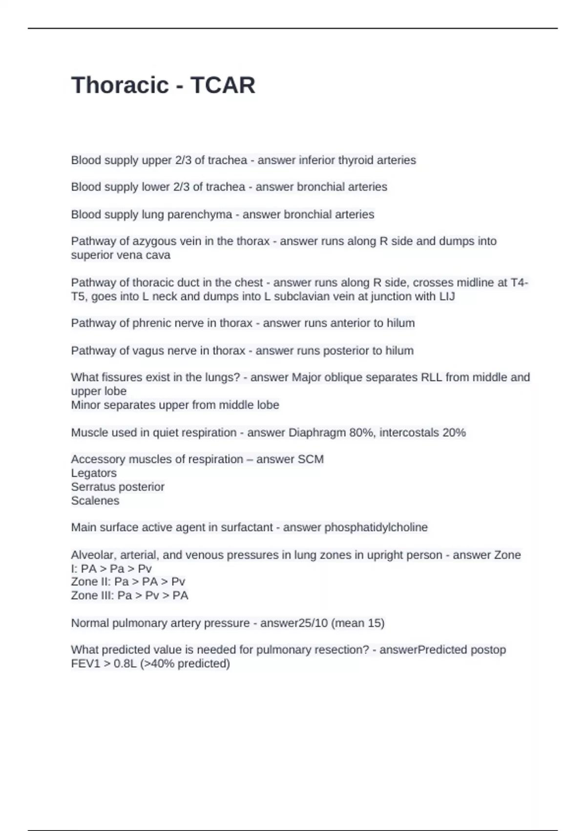 Thoracic - TCAR Questions with correct Answers - TCAR - Stuvia US