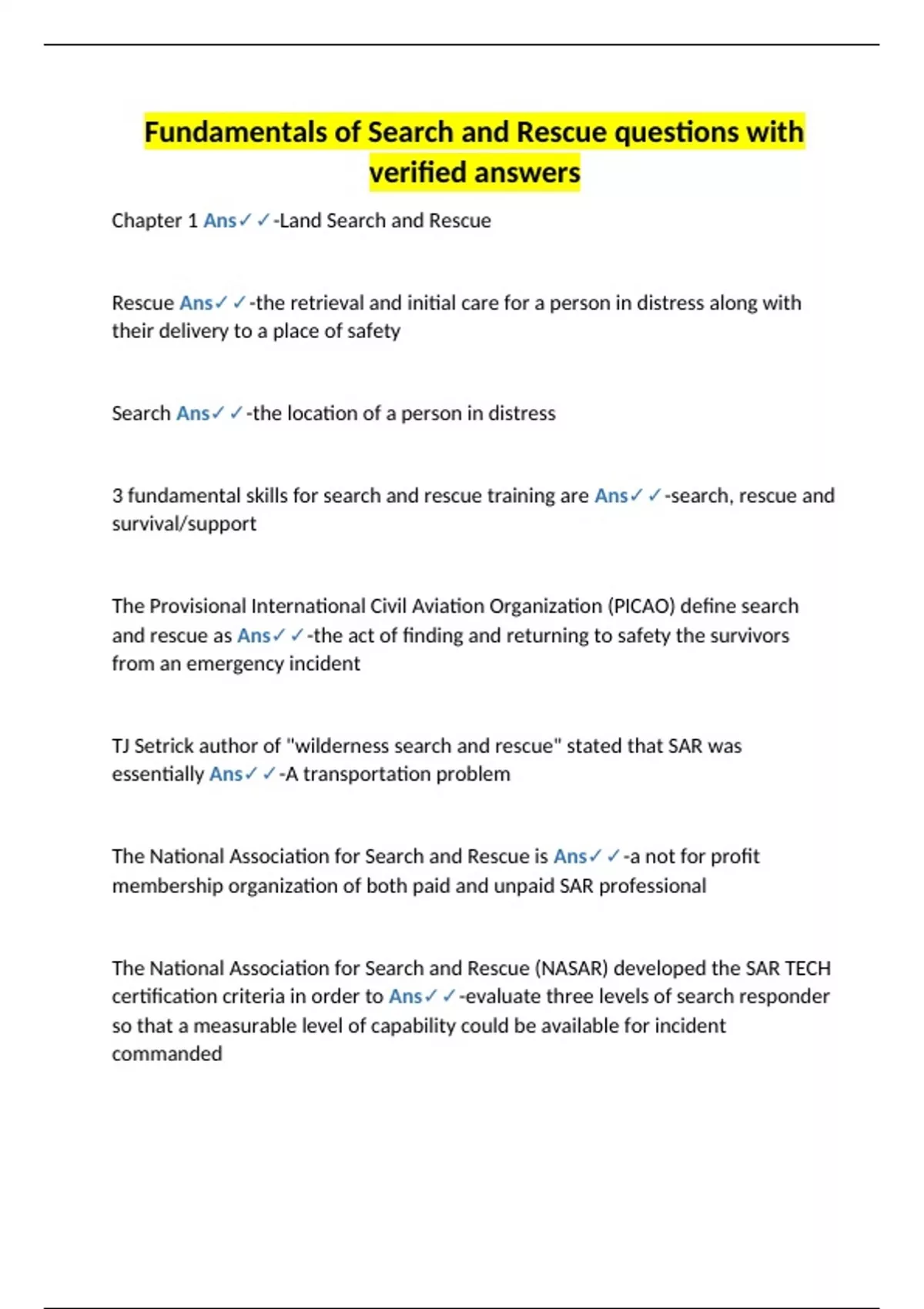 Fundamentals of Search and Rescue questions with verified answers ...