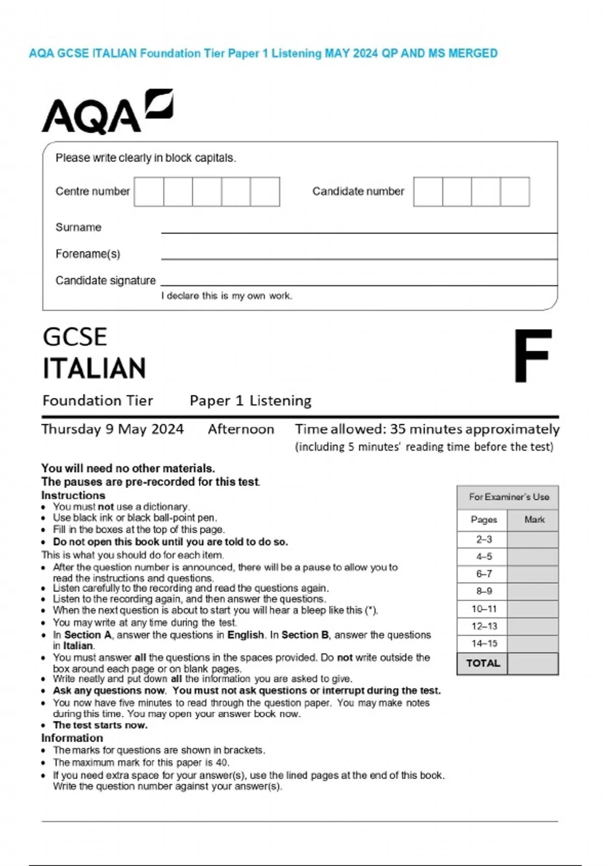 AQA GCSE ITALIAN Foundation Tier Paper 1 Listening MAY 2024 QP AND MS ...
