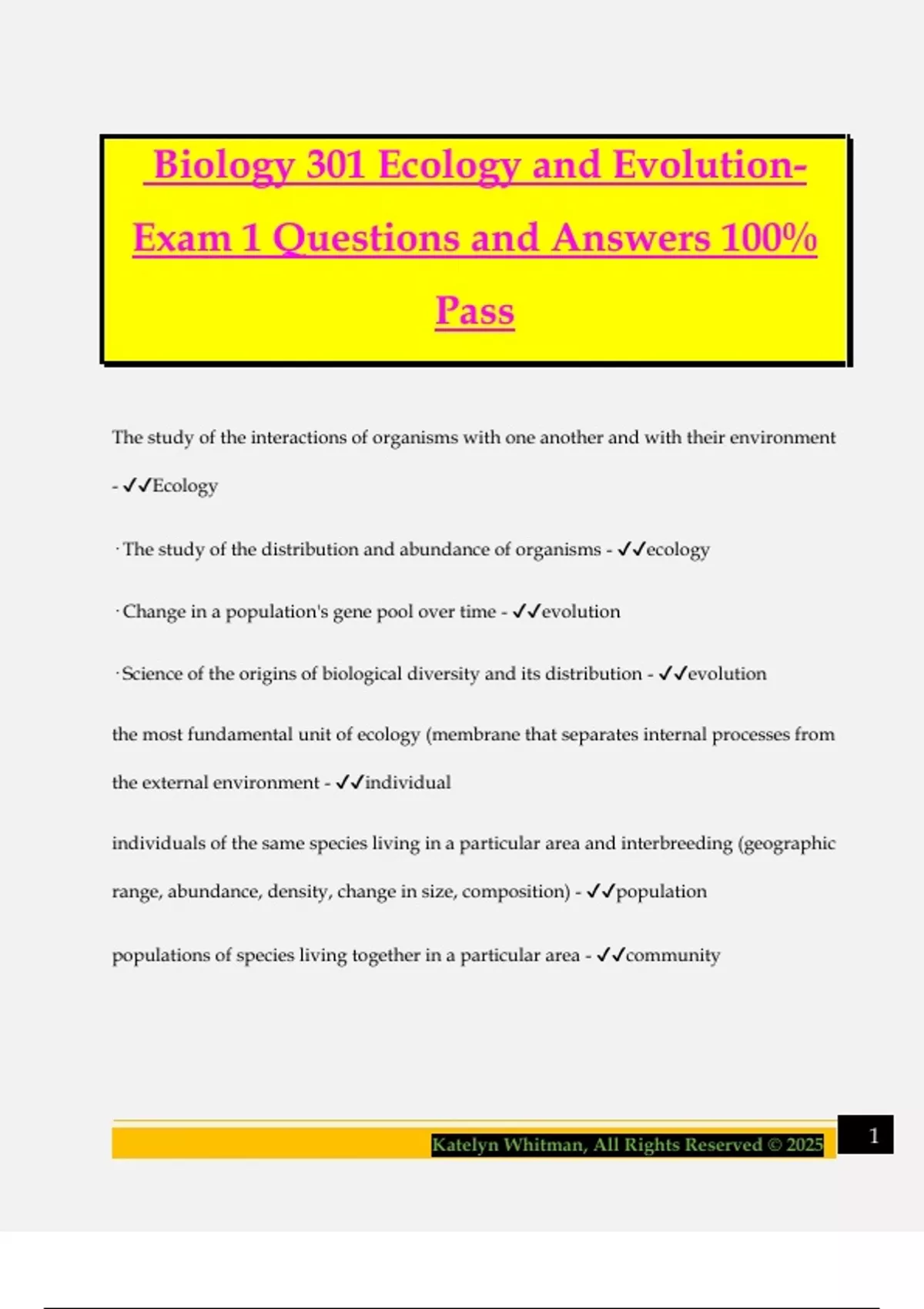 Biology 301 Ecology and Evolution- Exam 1 Questions and Answers 100% Pass - BIOL 301 - Stuvia US
