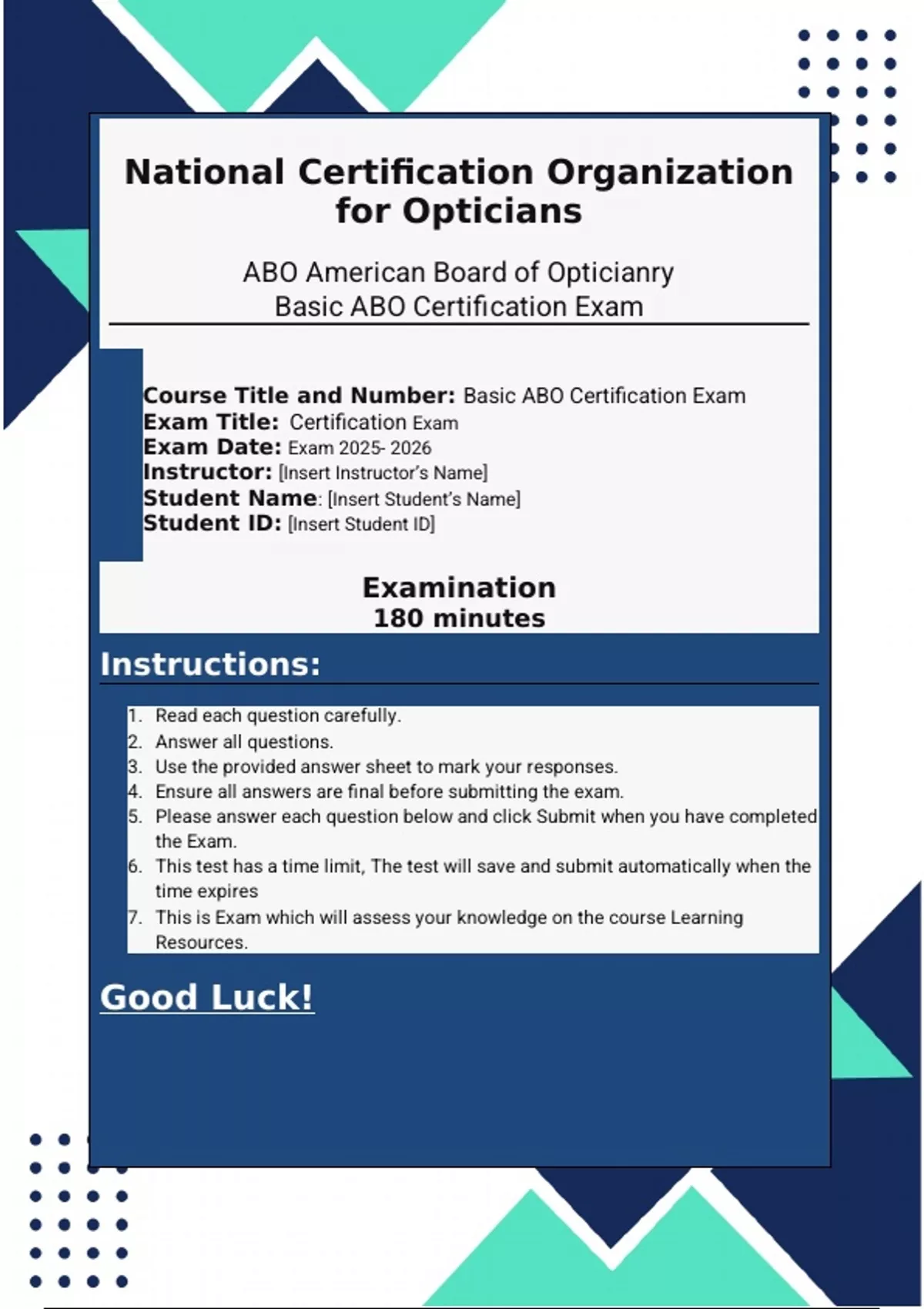 ABO American Board of Opticianry Basic ABO Certification Exam Final Comprehensive Review ...