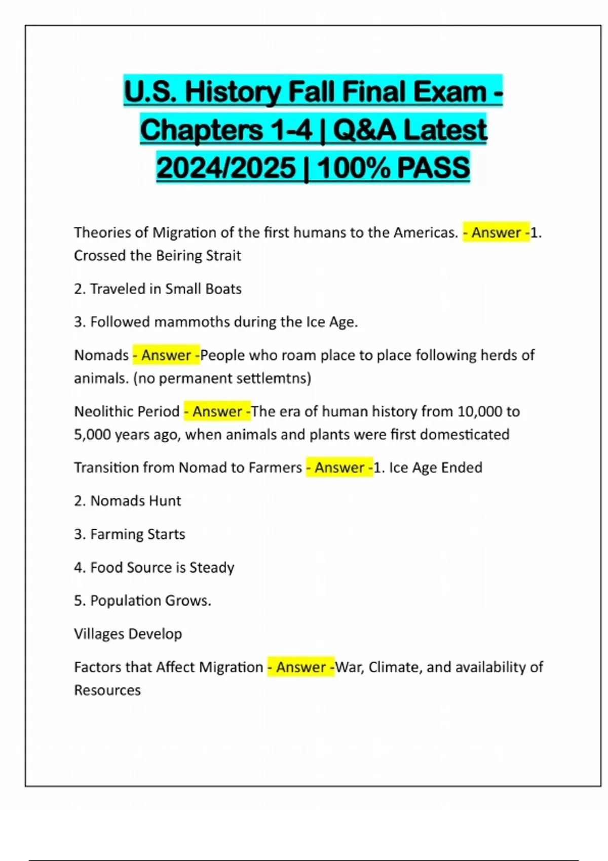 U.S. History Fall Final Exam - Chapters 1-4 | Q&A Latest 2024/2025 ...