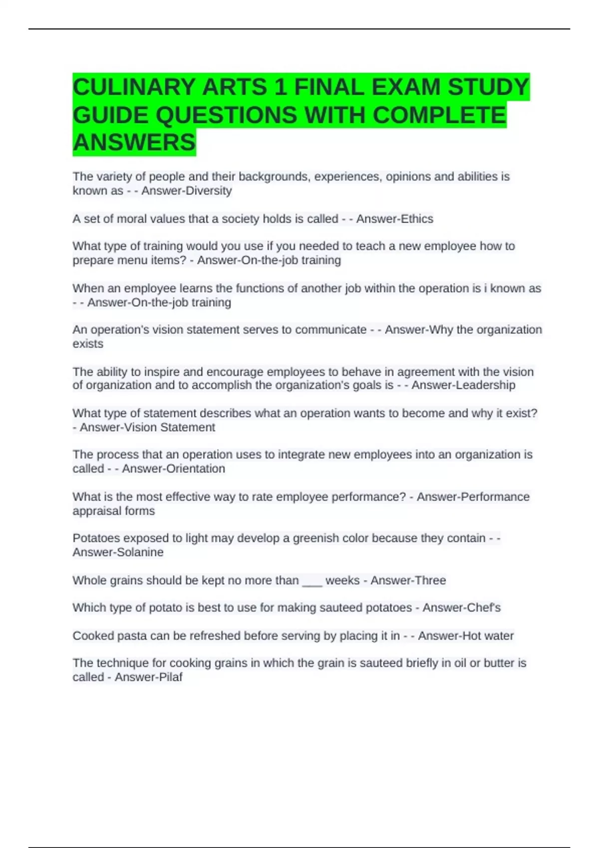 CULINARY ARTS 1 FINAL EXAM STUDY GUIDE QUESTIONS WITH COMPLETE ANSWERS ...