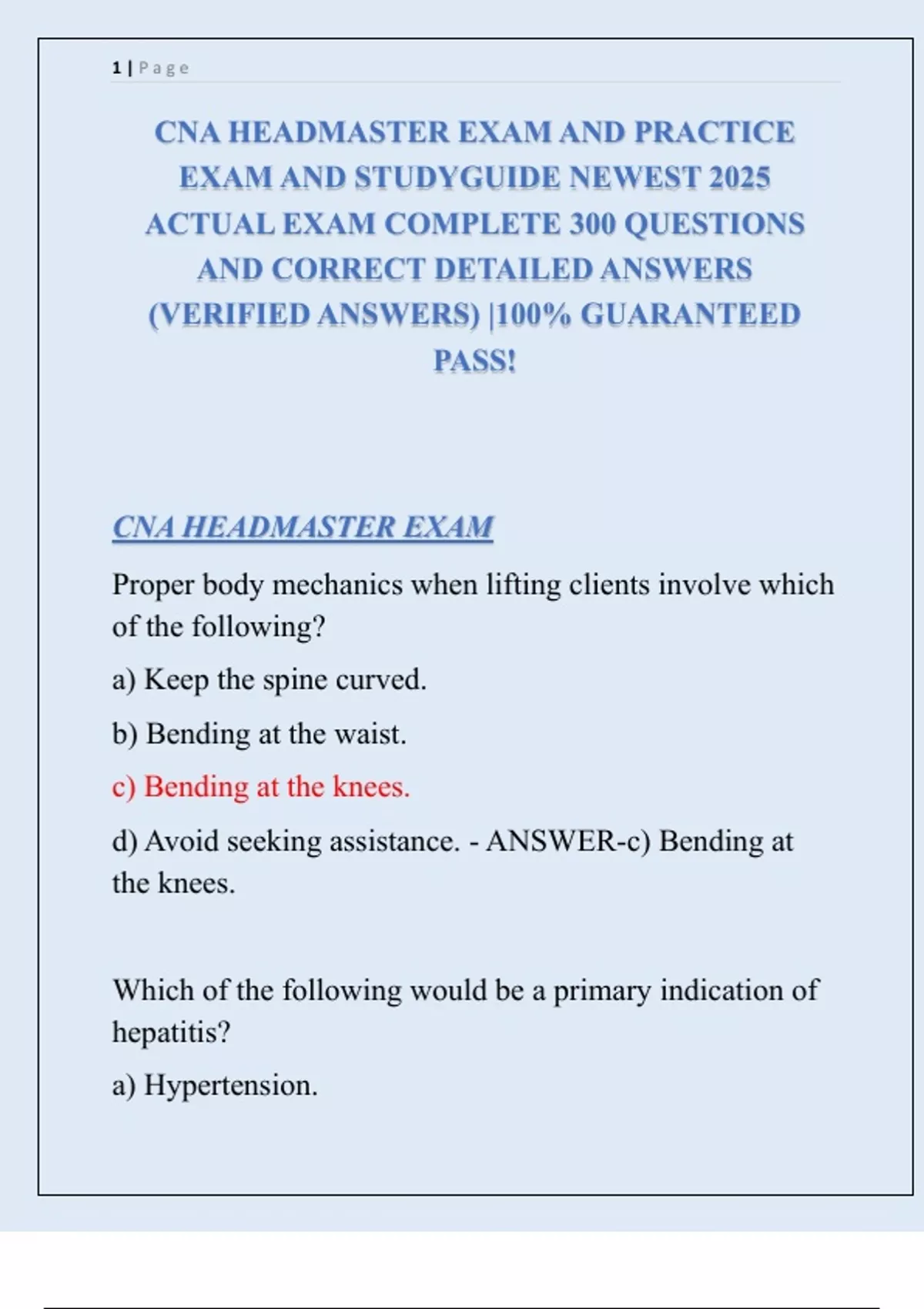 CNA HEADMASTER EXAM AND PRACTICE EXAM AND STUDYGUIDE NEWEST 2025 ACTUAL ...