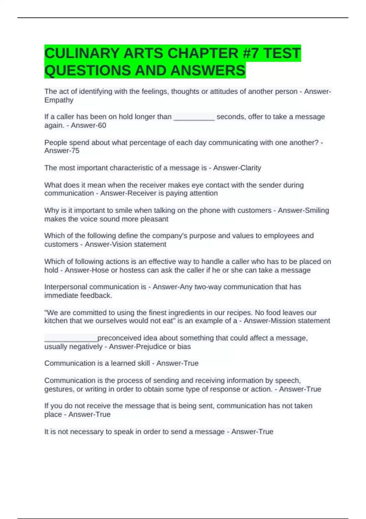 CULINARY ARTS CHAPTER #7 TEST QUESTIONS AND ANSWERS - CULINARY ARTS ...